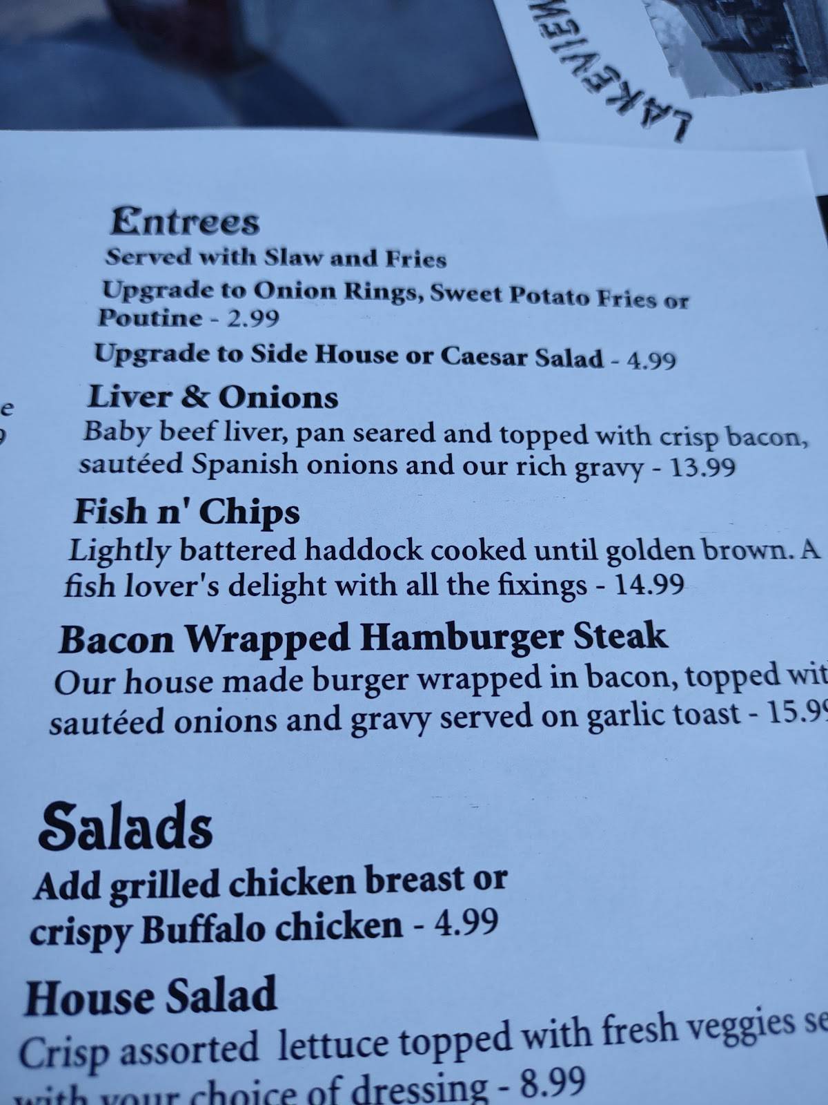 Menu at Lakeview Tavern & Restaurant, Erinsville
