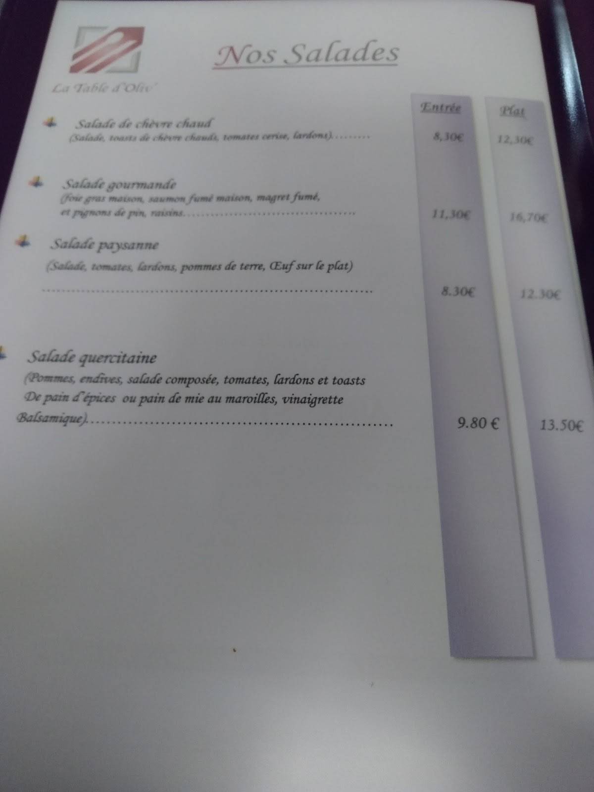 Menu au LA TABLE D'OLIV restaurant, Le Quesnoy