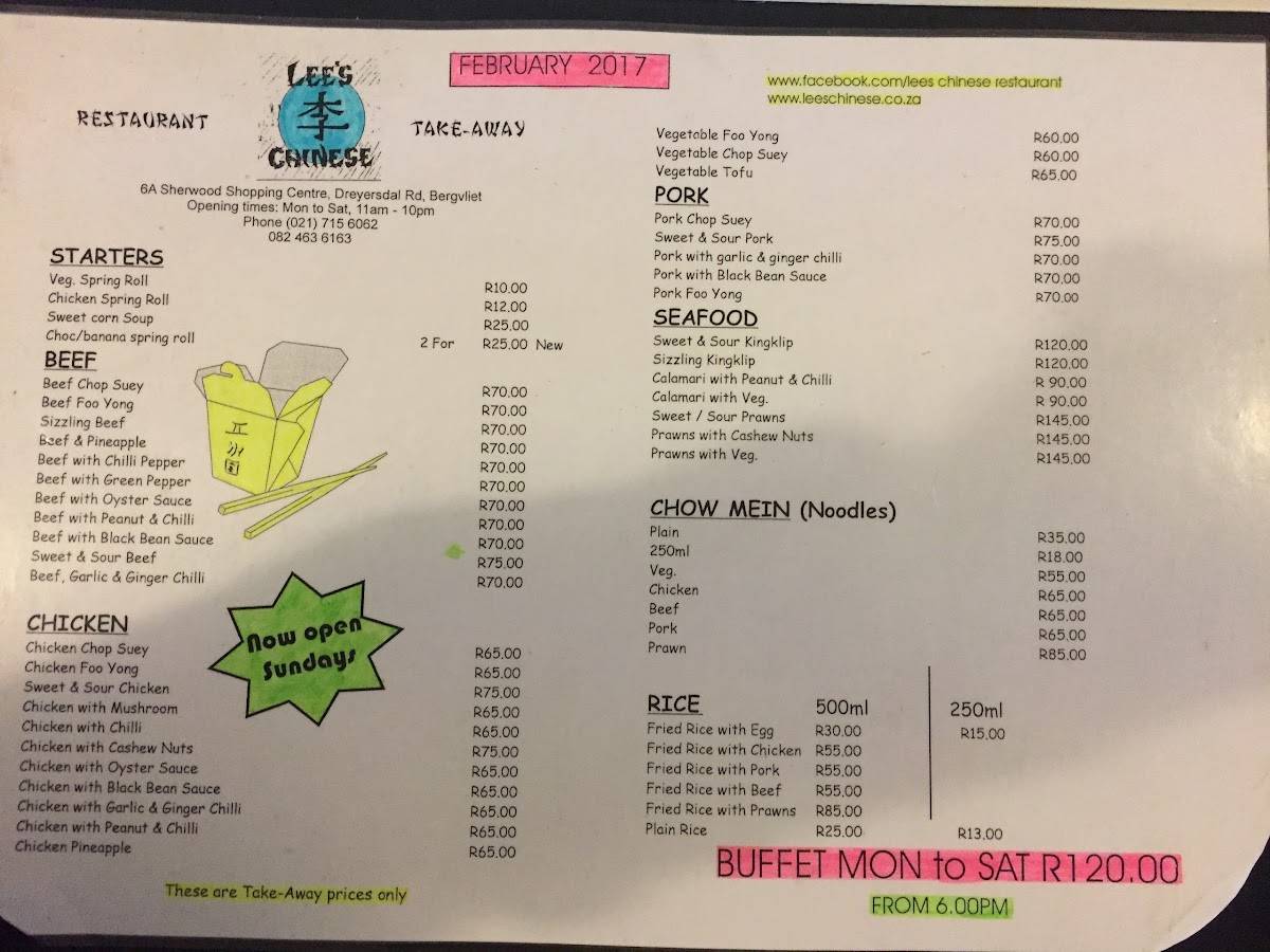 Menu at Lee's Chinese Restaurant, Cape Town