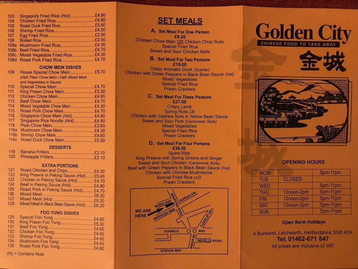 Menu at Golden City restaurant, Letchworth Garden City