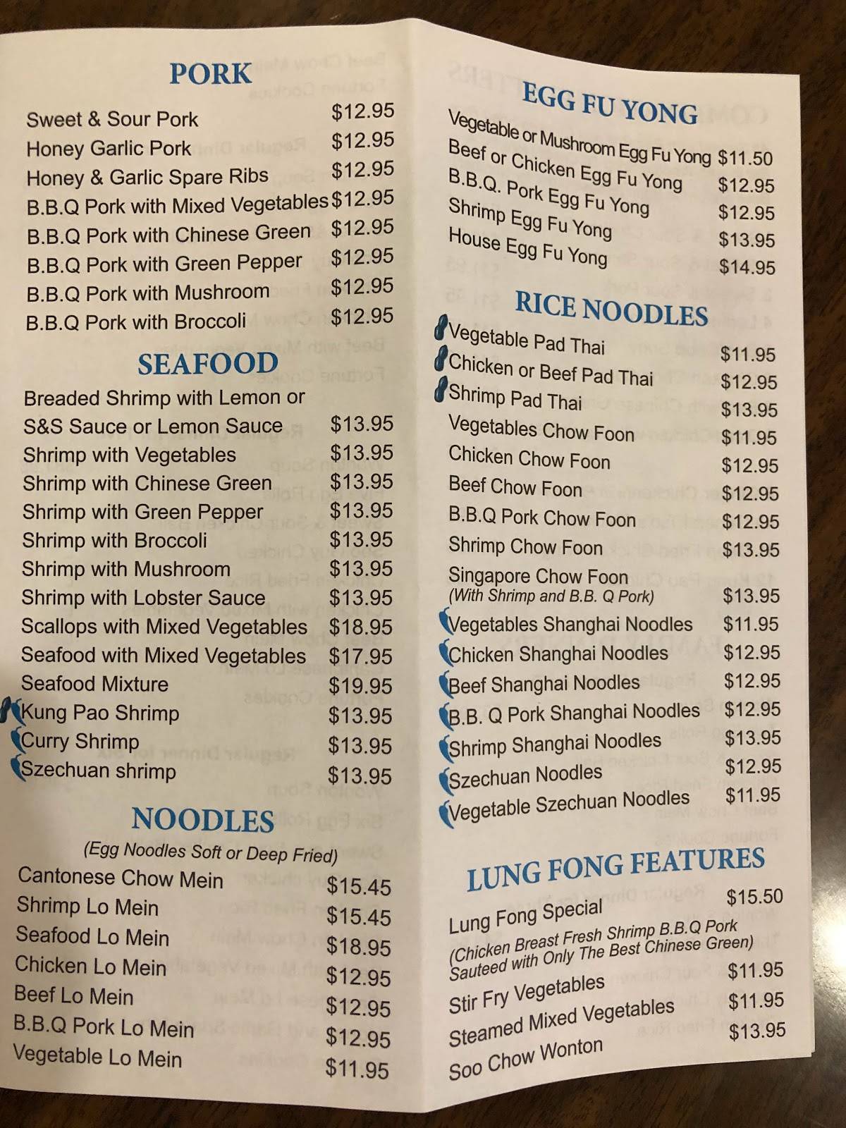 Menu at Lung Fong Restaurant, Welland