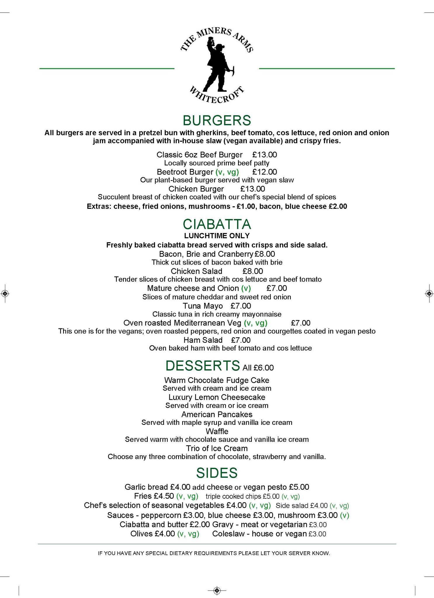 Menu at The Miners Arms pub & bar, Lydney, The Bay