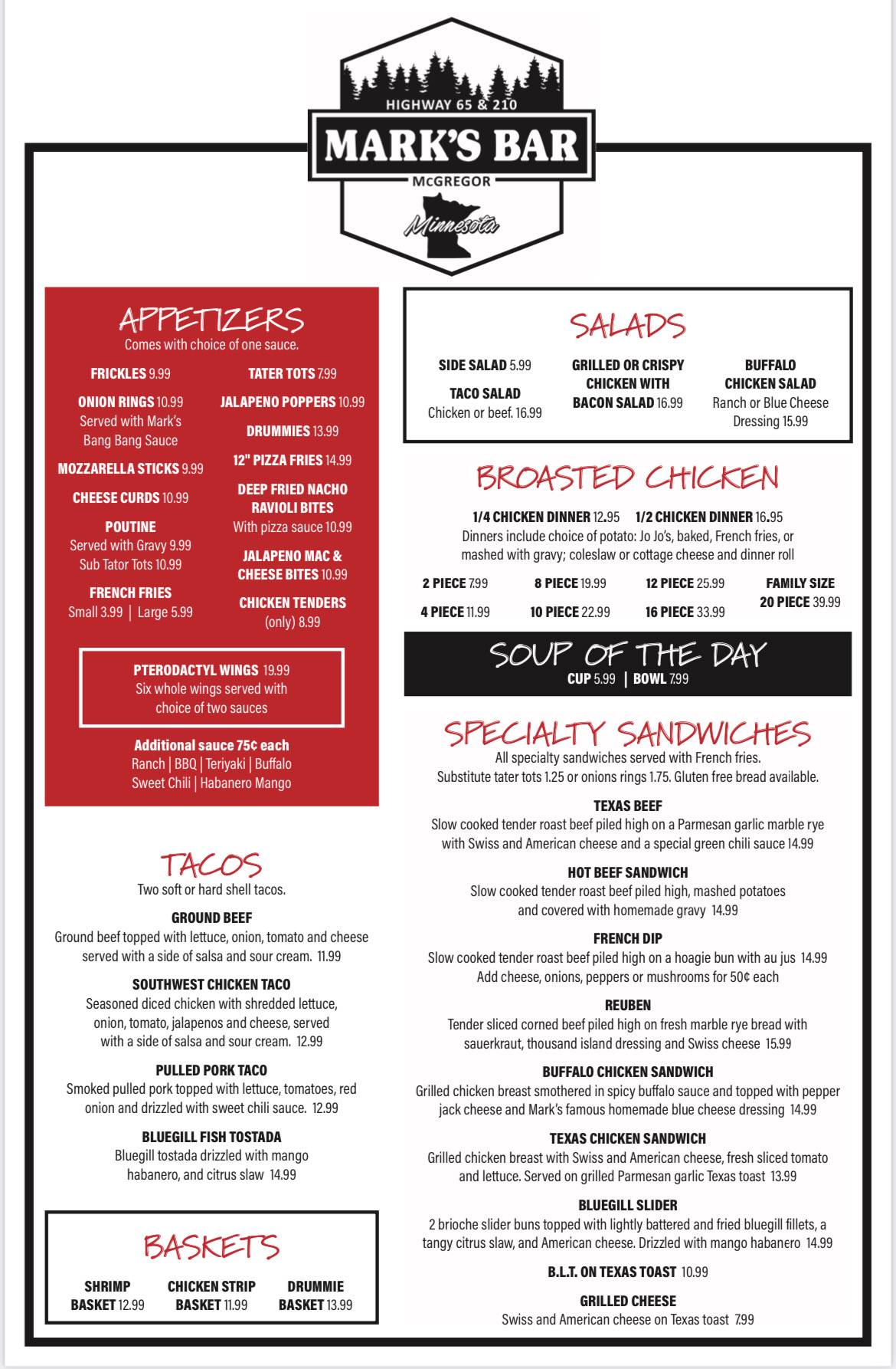 Menu at Mark's Bar, McGregor