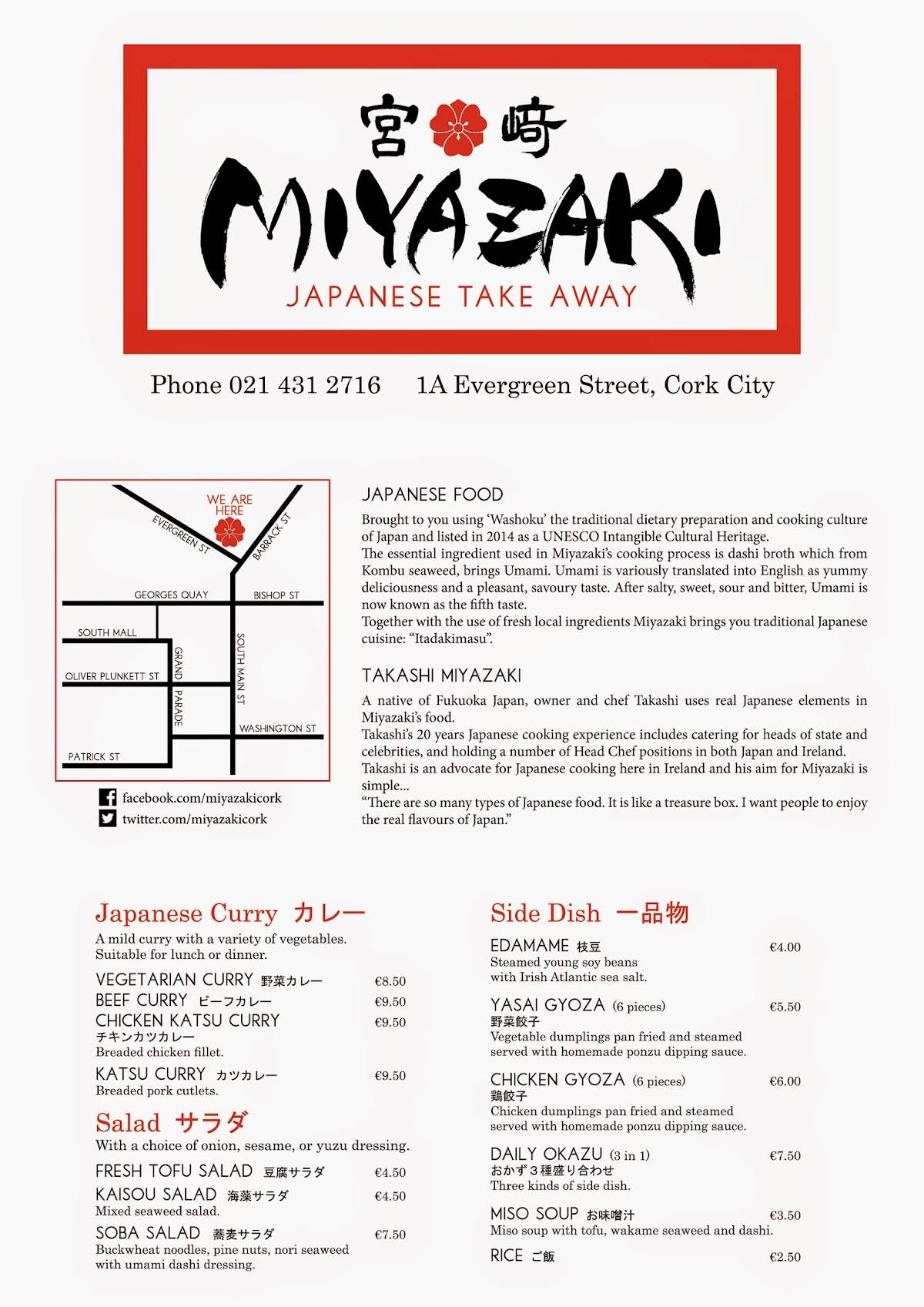 Menu at Miyazaki Japanese Take Away restaurant, Cork