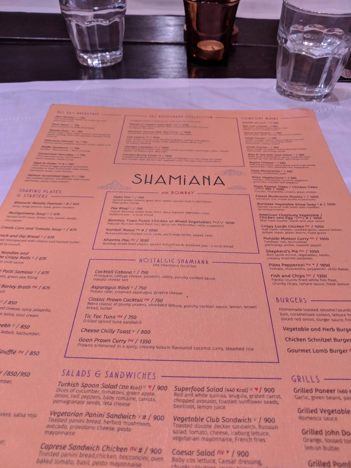 Menu at Shamiana, Mumbai, The Taj Mahal Palace Hotel
