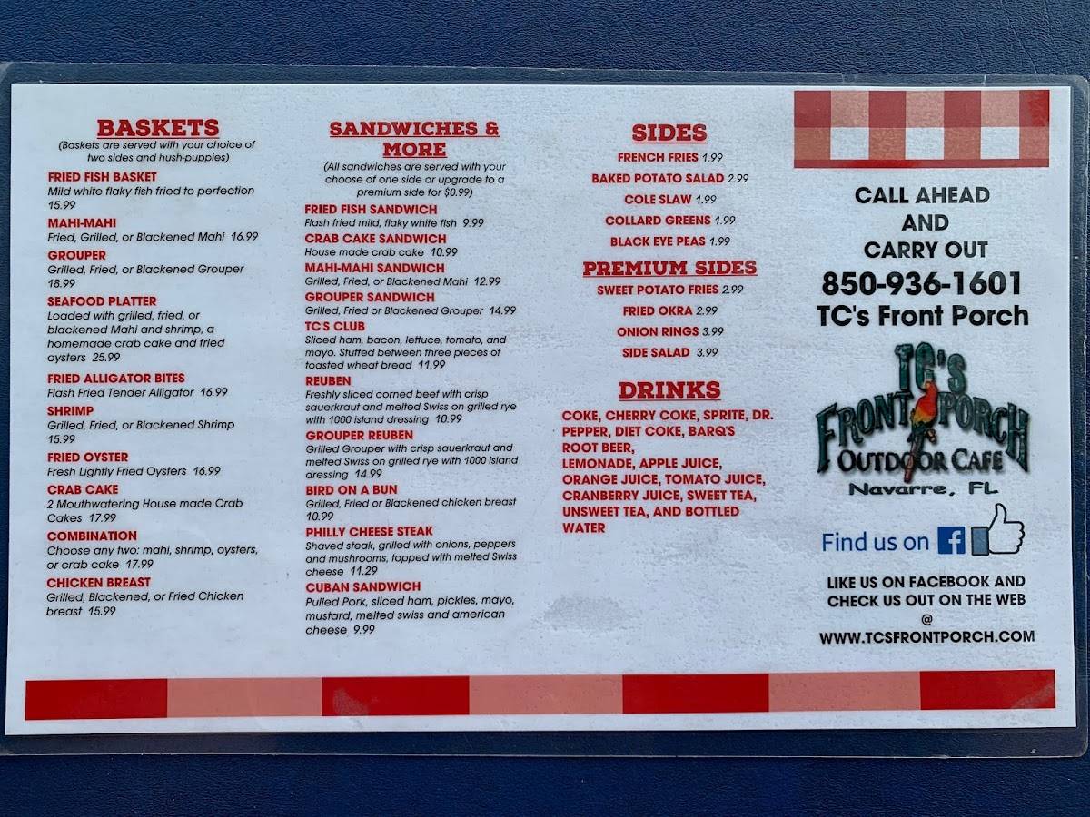 Menu at TC's Front Porch pub & bar, Navarre