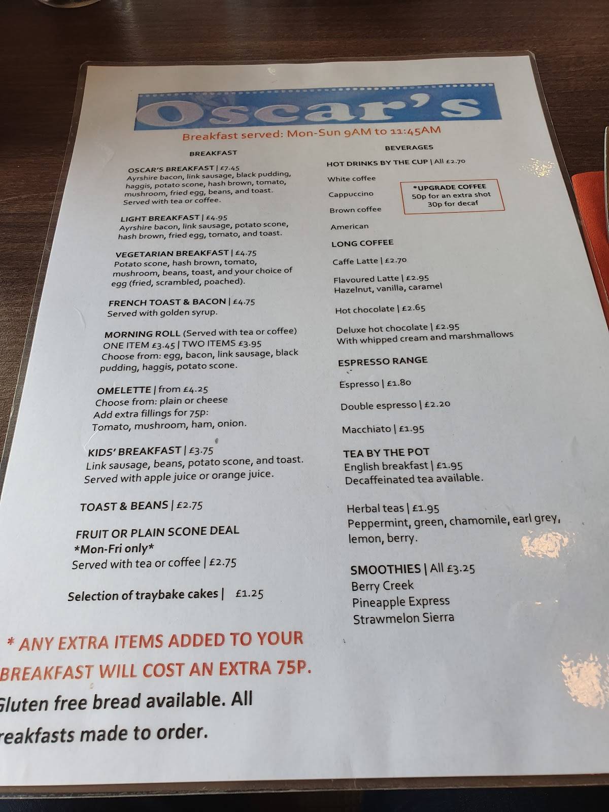 Menu at Oscar's Cafe Bar Restaurant, Saltcoats