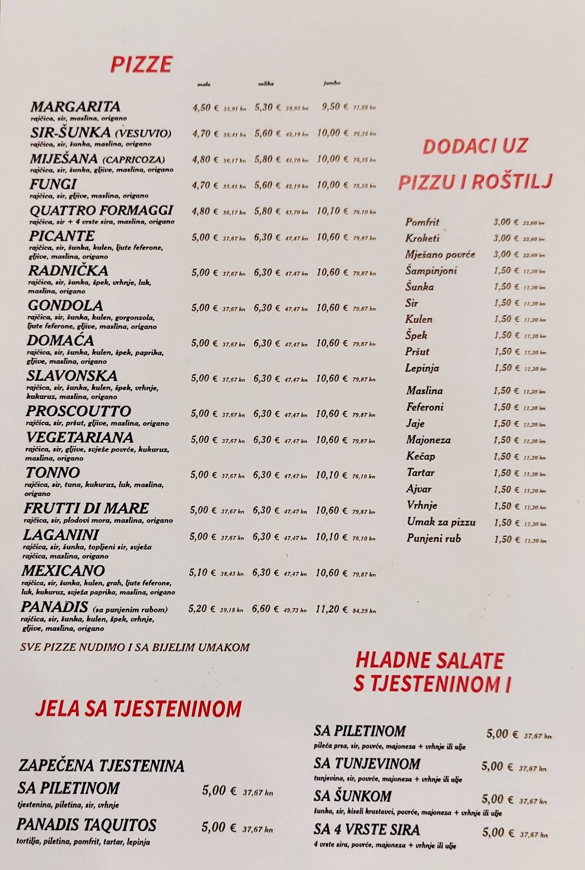Menu at Panadis restaurant, Bjelovar