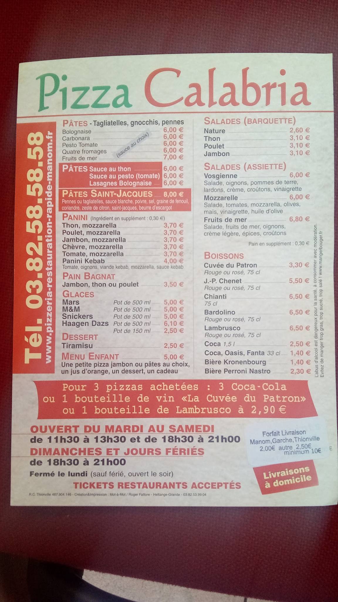 Menu au Pizzeria Calabria, Manom