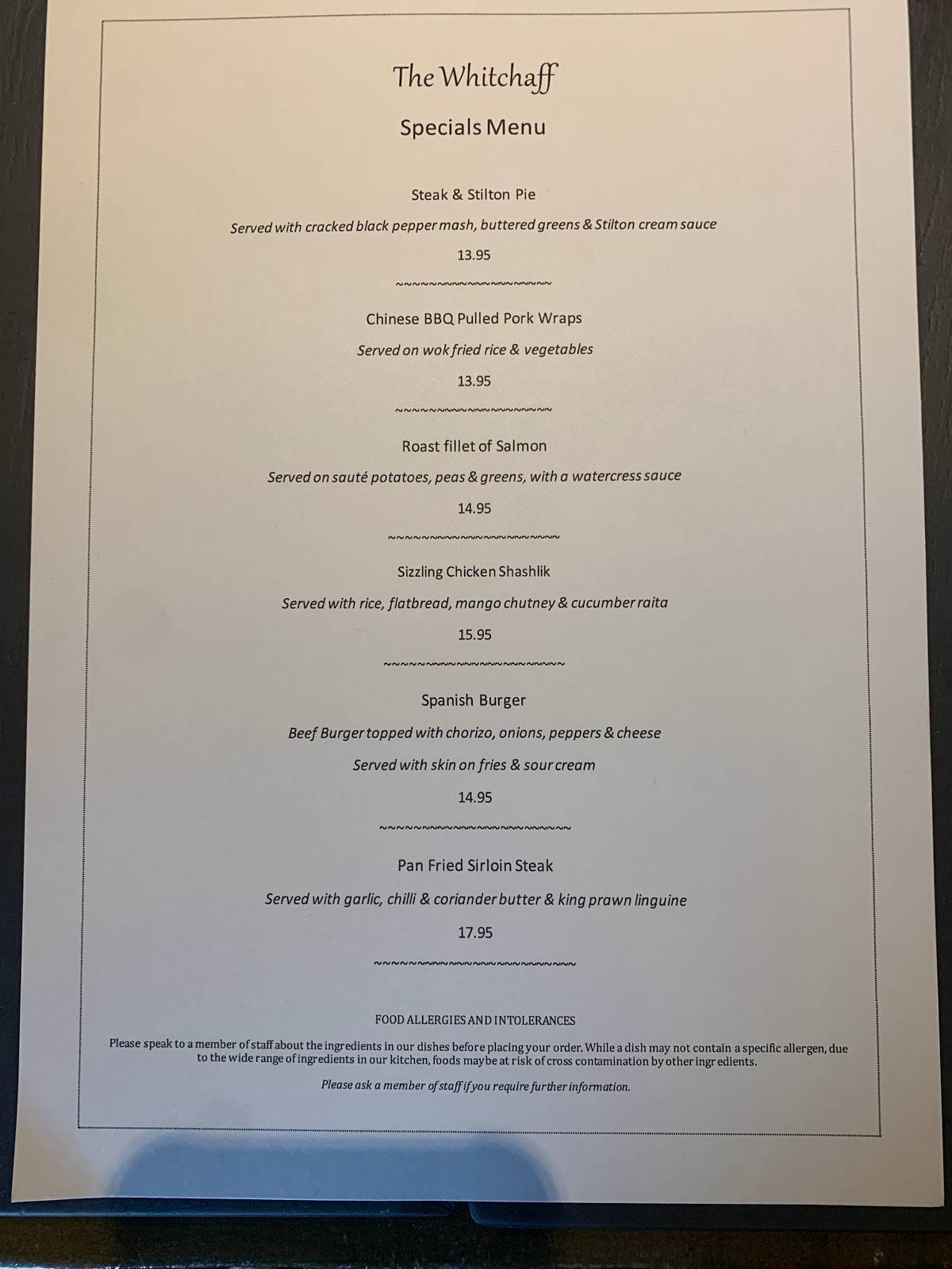 Menu at The Whitchaff Inn pub & bar, Rawtenstall