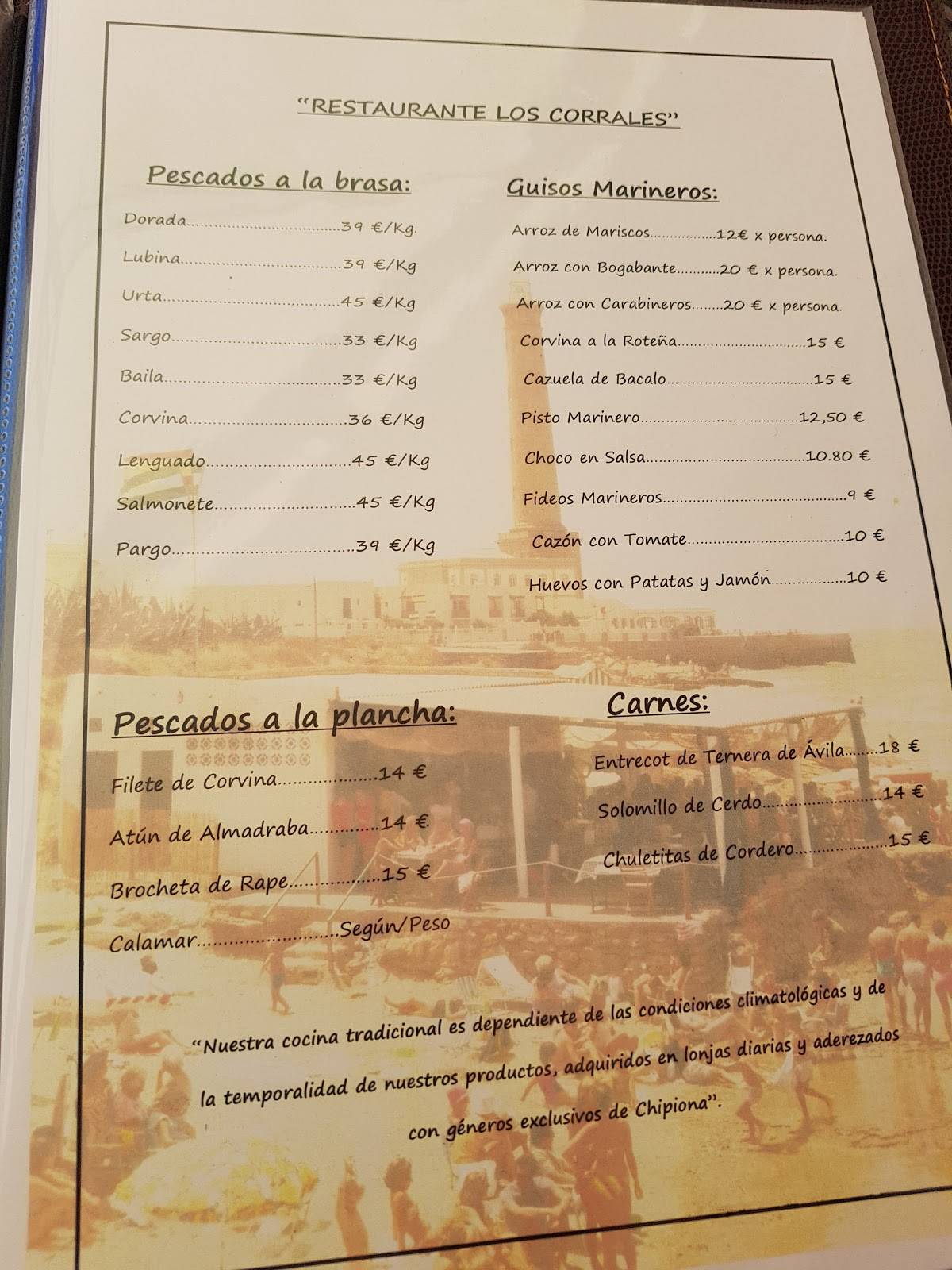 Carta de Restaurante Los Corrales, Chipiona, Paseo de las Canteras