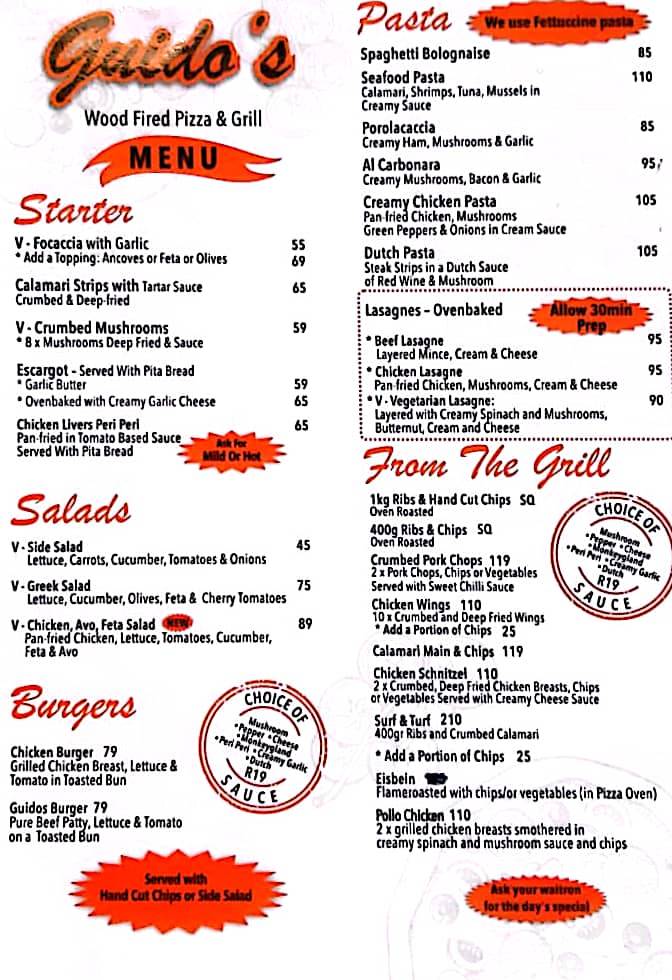 Menu at Guidos kraggakamma family restaurant, Port Elizabeth