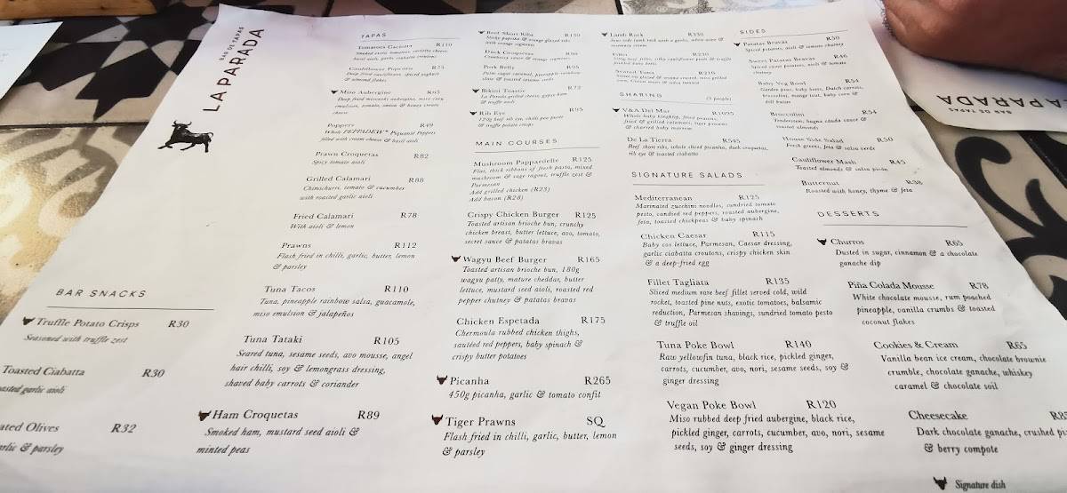 Menu at La Parada V&A Waterfront restaurant, Cape Town, 1 Dock Rd