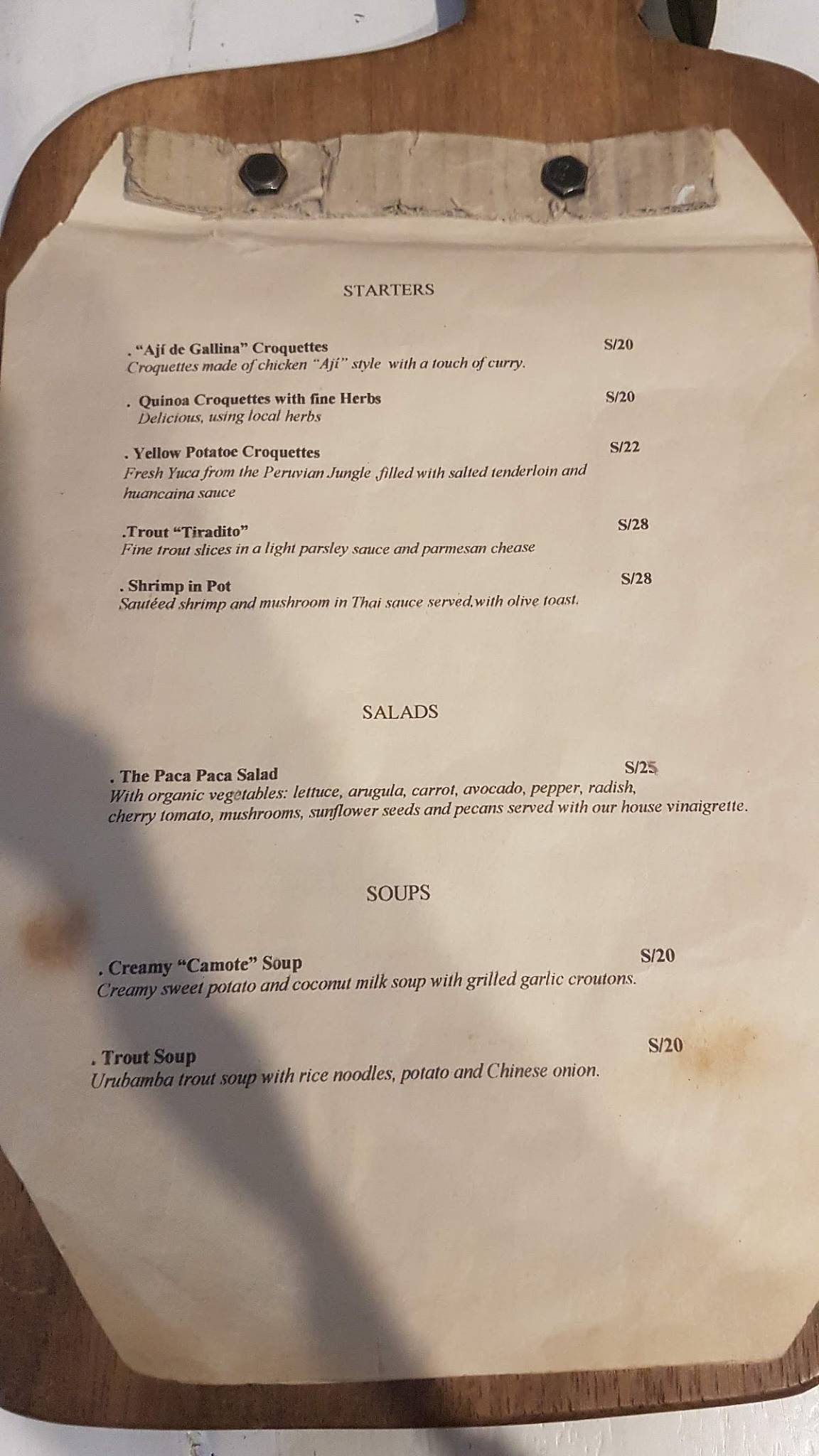 Menu at Paca Paca restaurant, Urubamba
