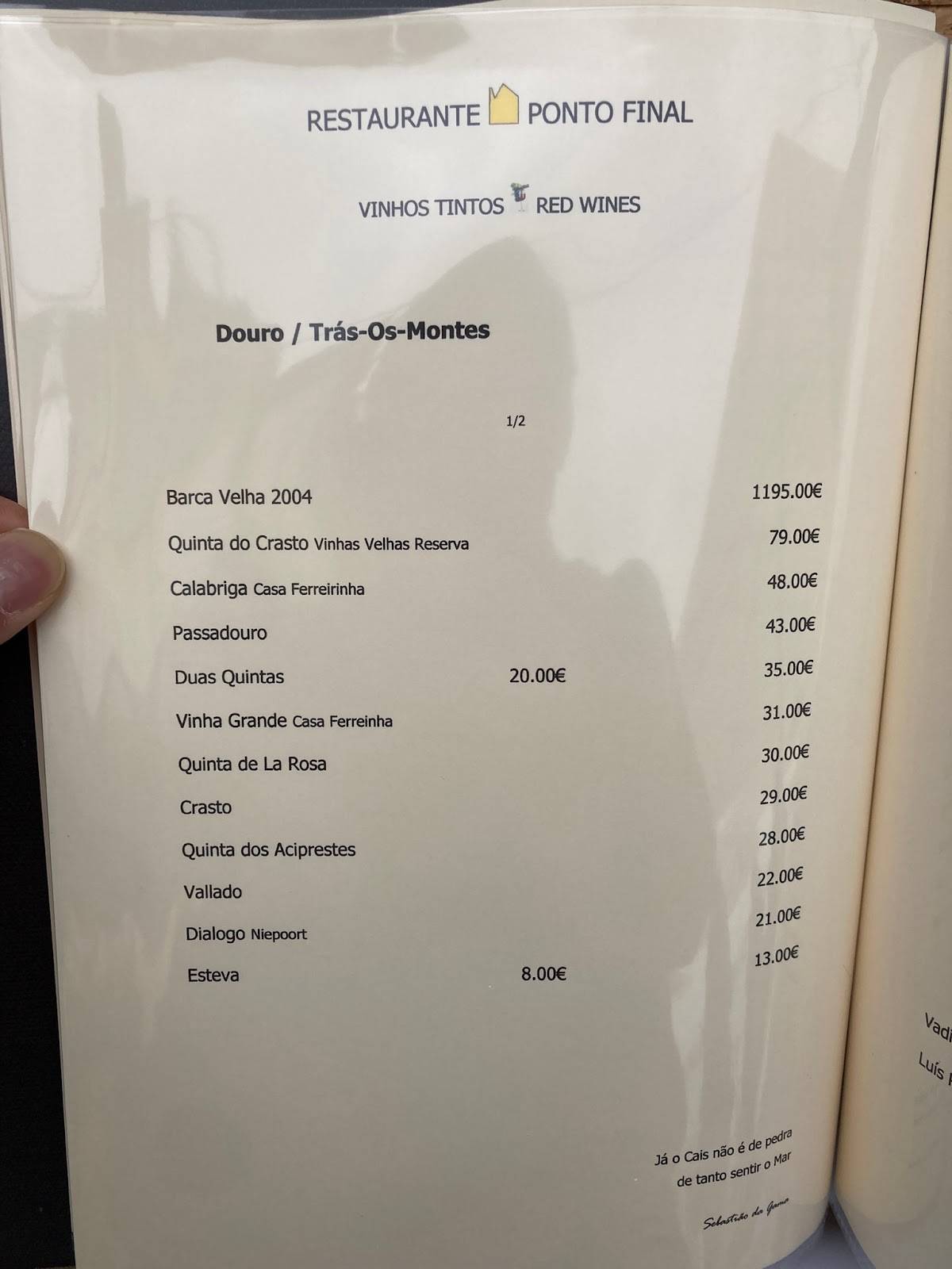 Carta del restaurante Ponto Final, Almada