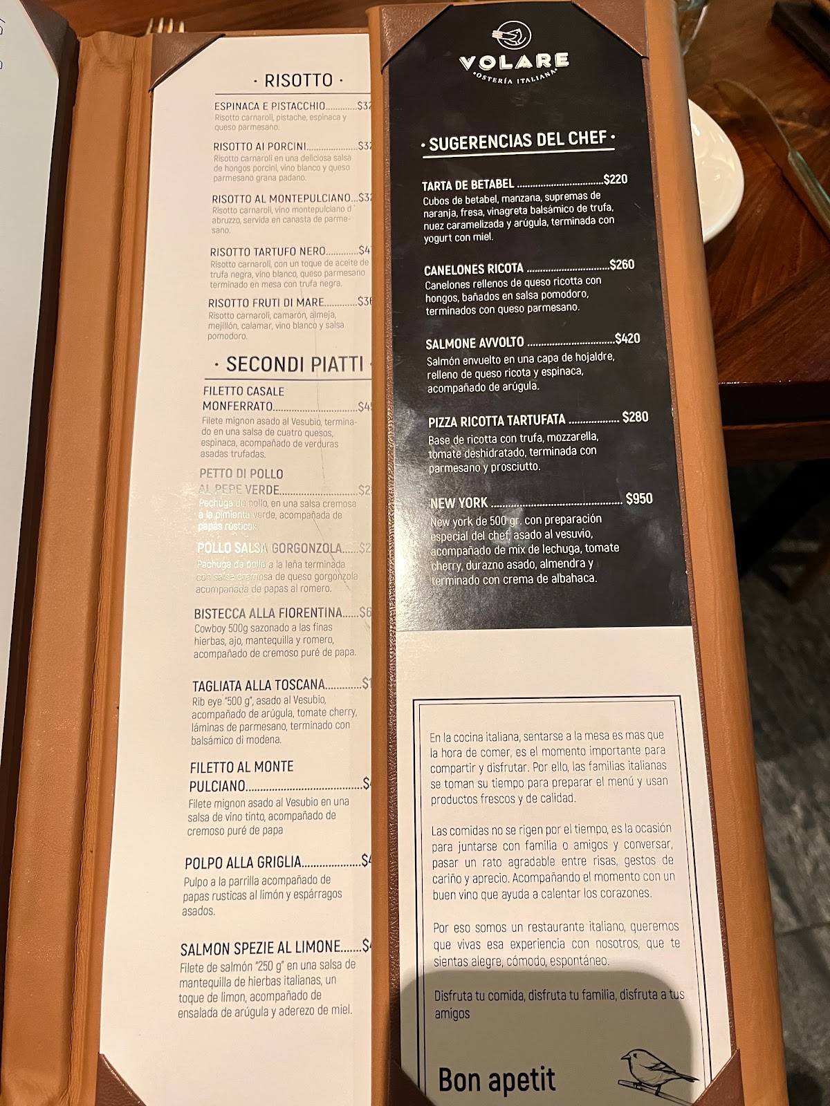Carta del restaurante Volare Ostería, San Luis Potosi
