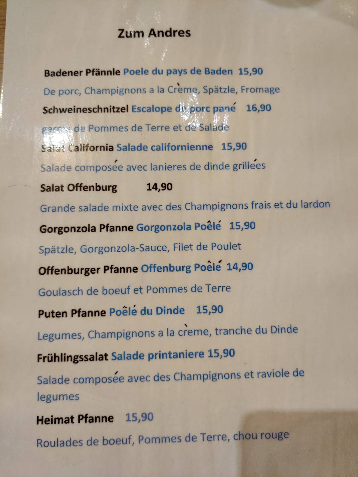 Speisekarte von Zum Andres restaurant, Offenburg