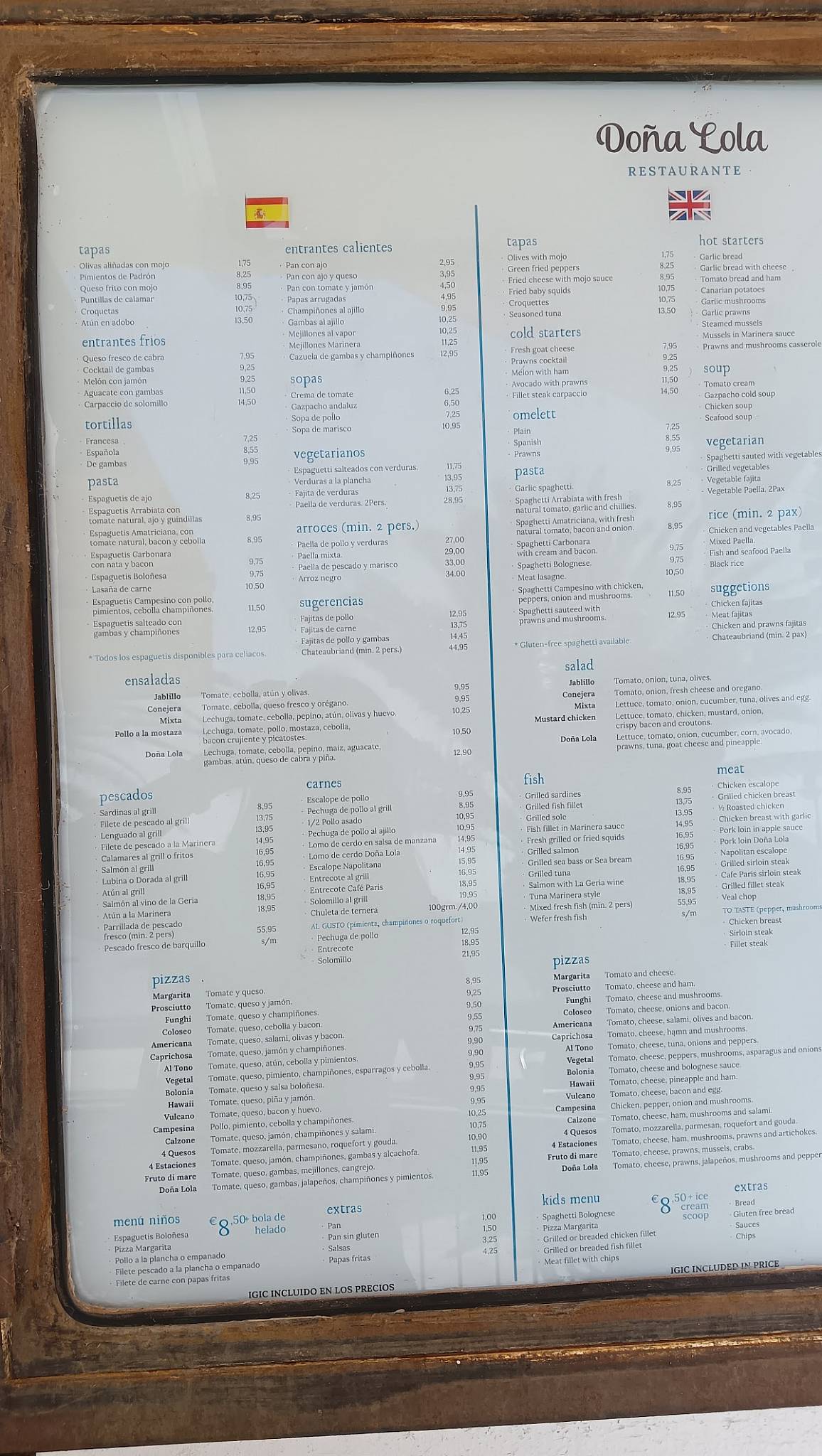 Menu at Doña Lola pub & bar, Costa Teguise