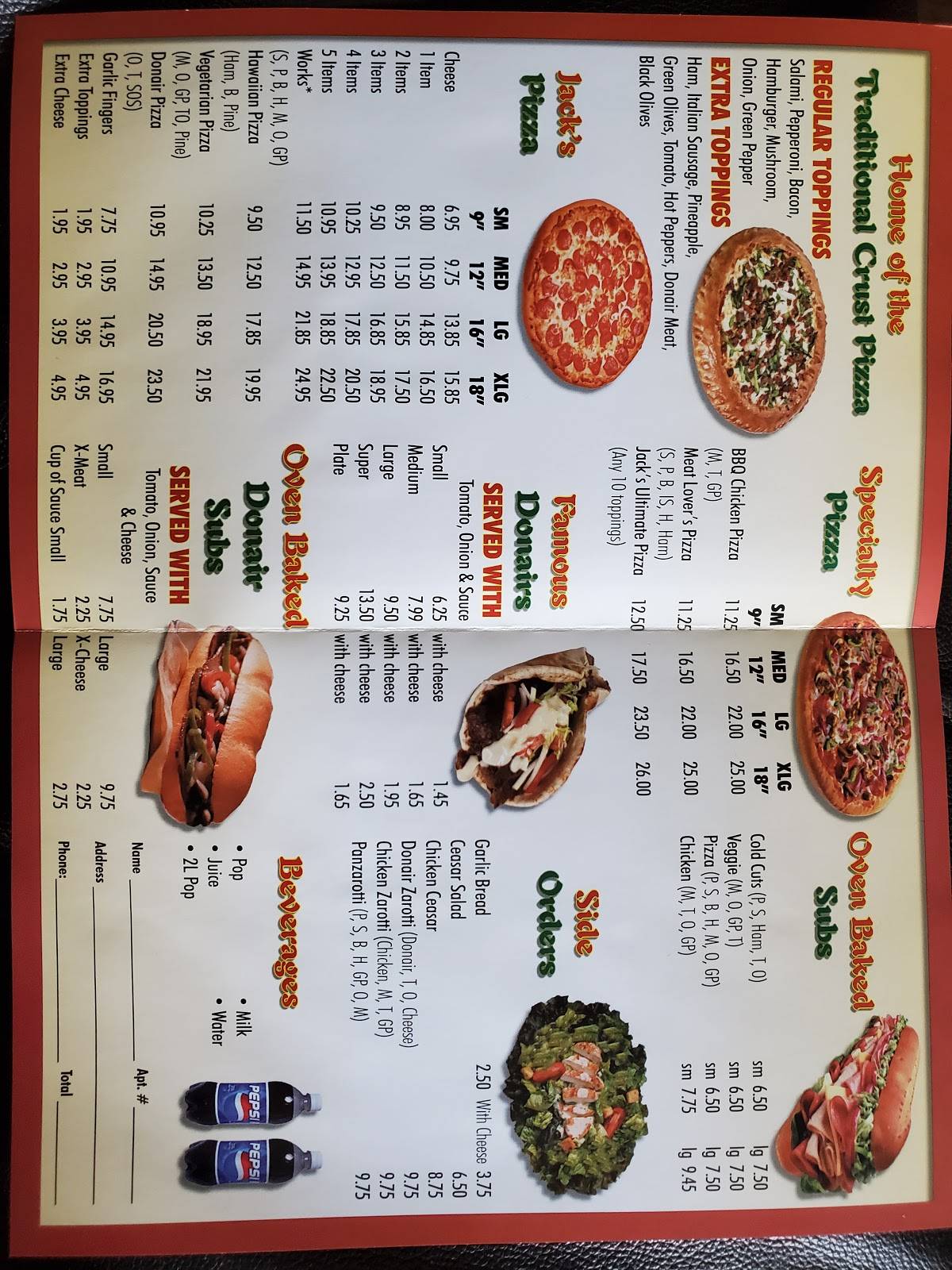 Menu at Jack's Pizza pizzeria, Shediac