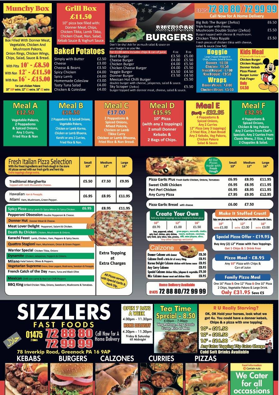 Menu at Sizzlers fast food, Greenock