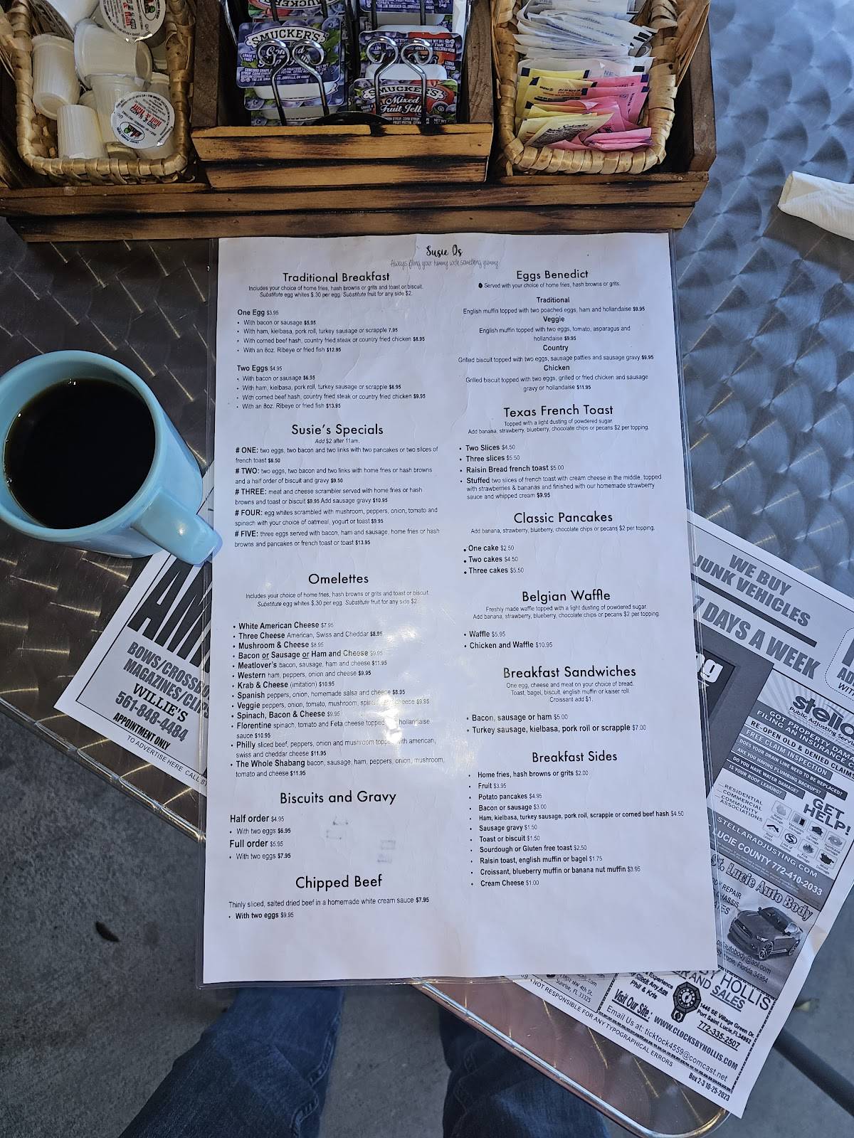 Menu at Susie Q’s cafe, Port St. Lucie