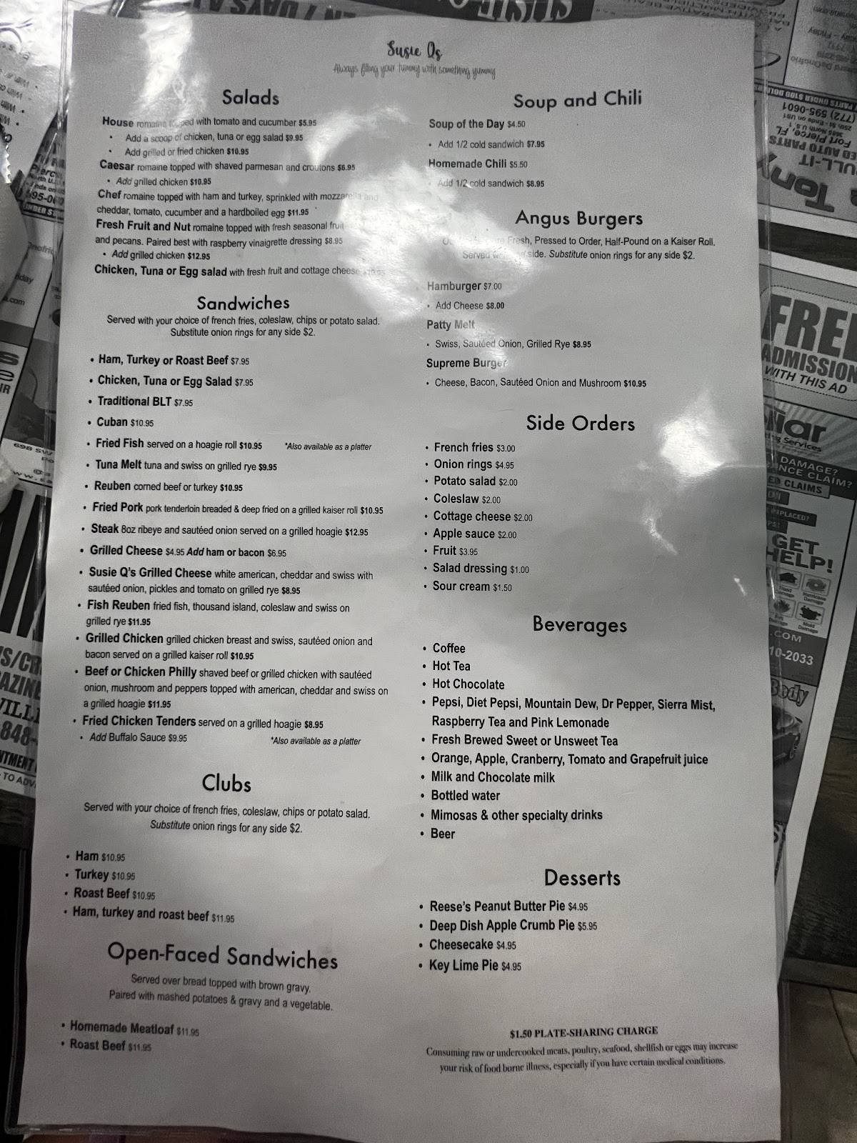Menu at Susie Q’s cafe, Port St. Lucie