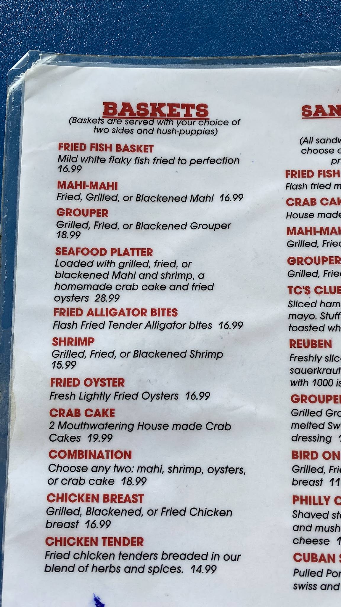 Menu at TC's Front Porch pub & bar, Navarre