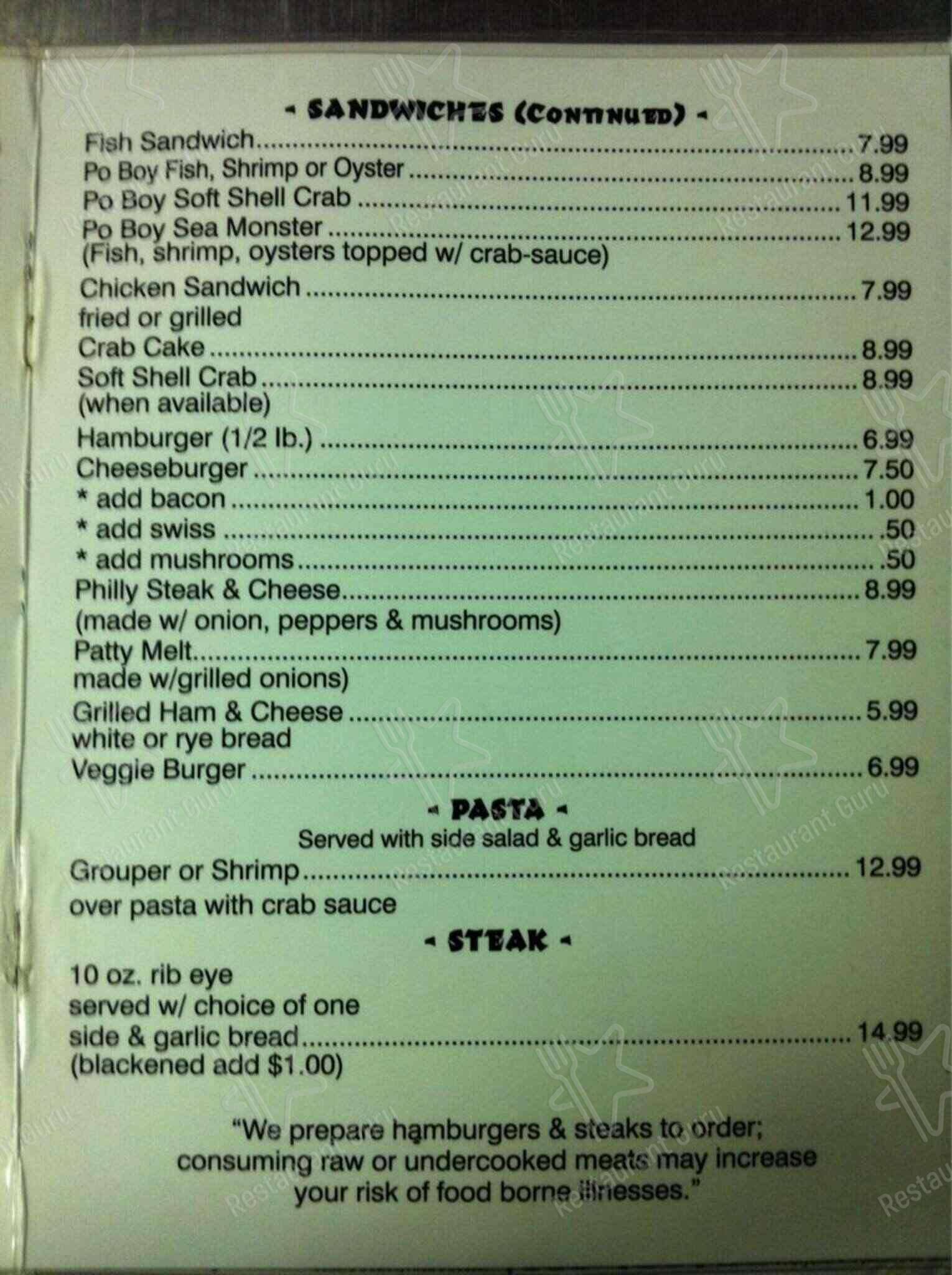 Menu at TC's Front Porch pub & bar, Navarre