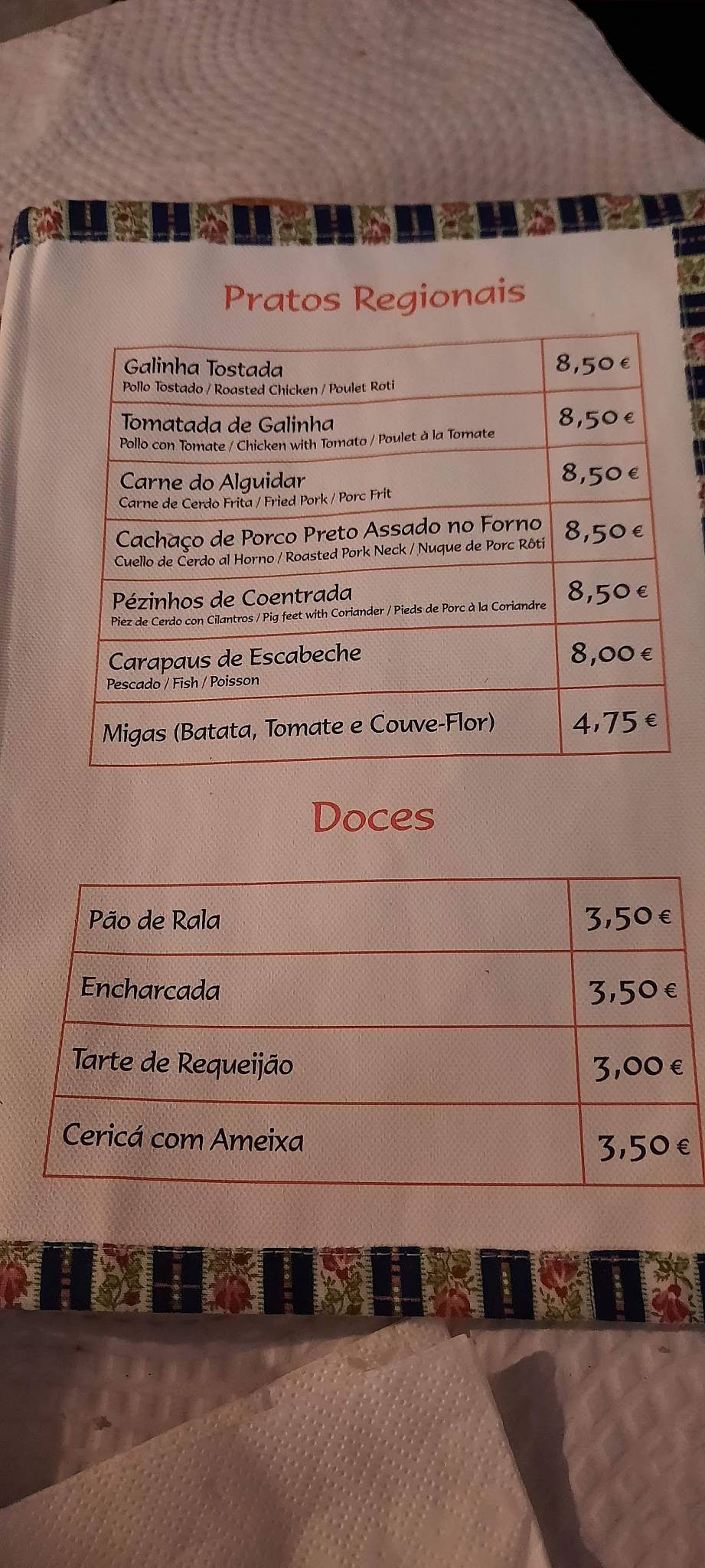 Menu em Taberna do Adro restaurante, Portugal, Largo João Dias de Deus