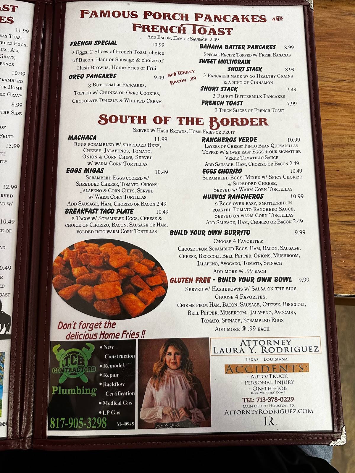 Menu at The Porch restaurant, Burleson, 140 S Wilson St