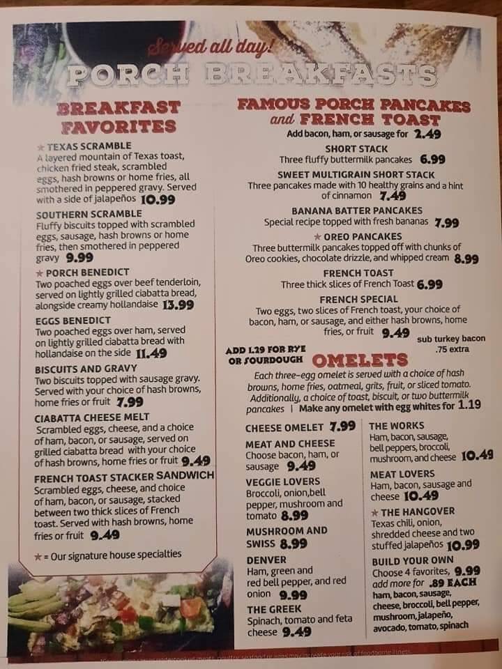 Menu at The Porch restaurant, Burleson, 140 S Wilson St