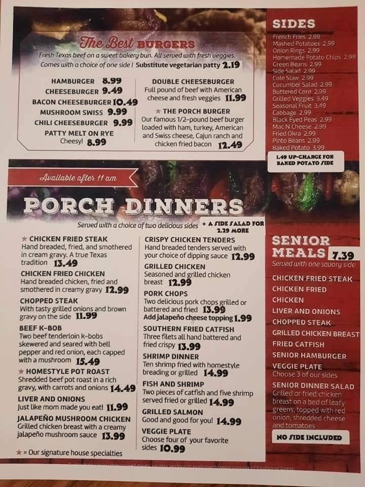 Menu at The Porch restaurant, Burleson, 140 S Wilson St
