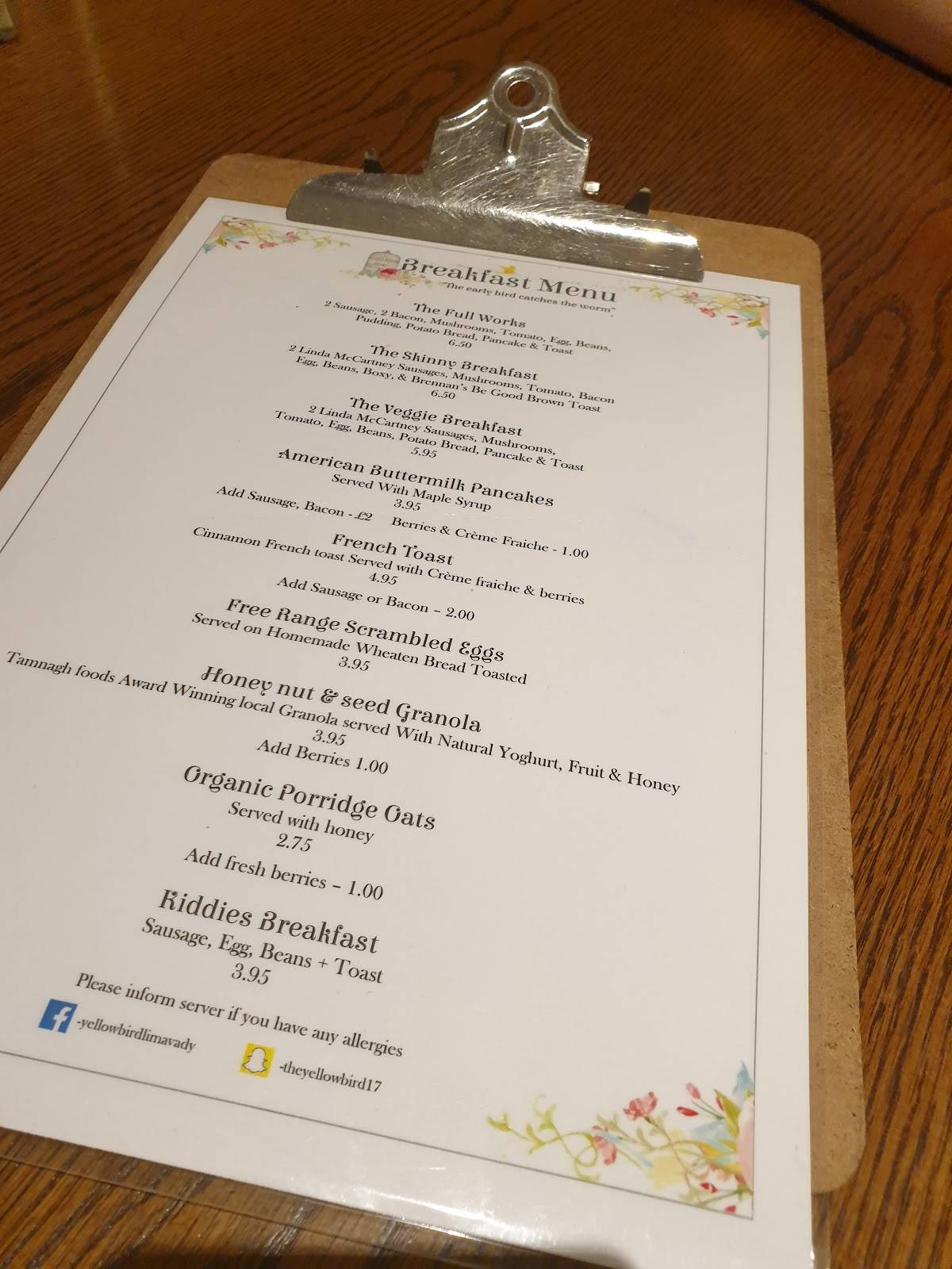 Menu at The Yellow Bird cafe, Limavady