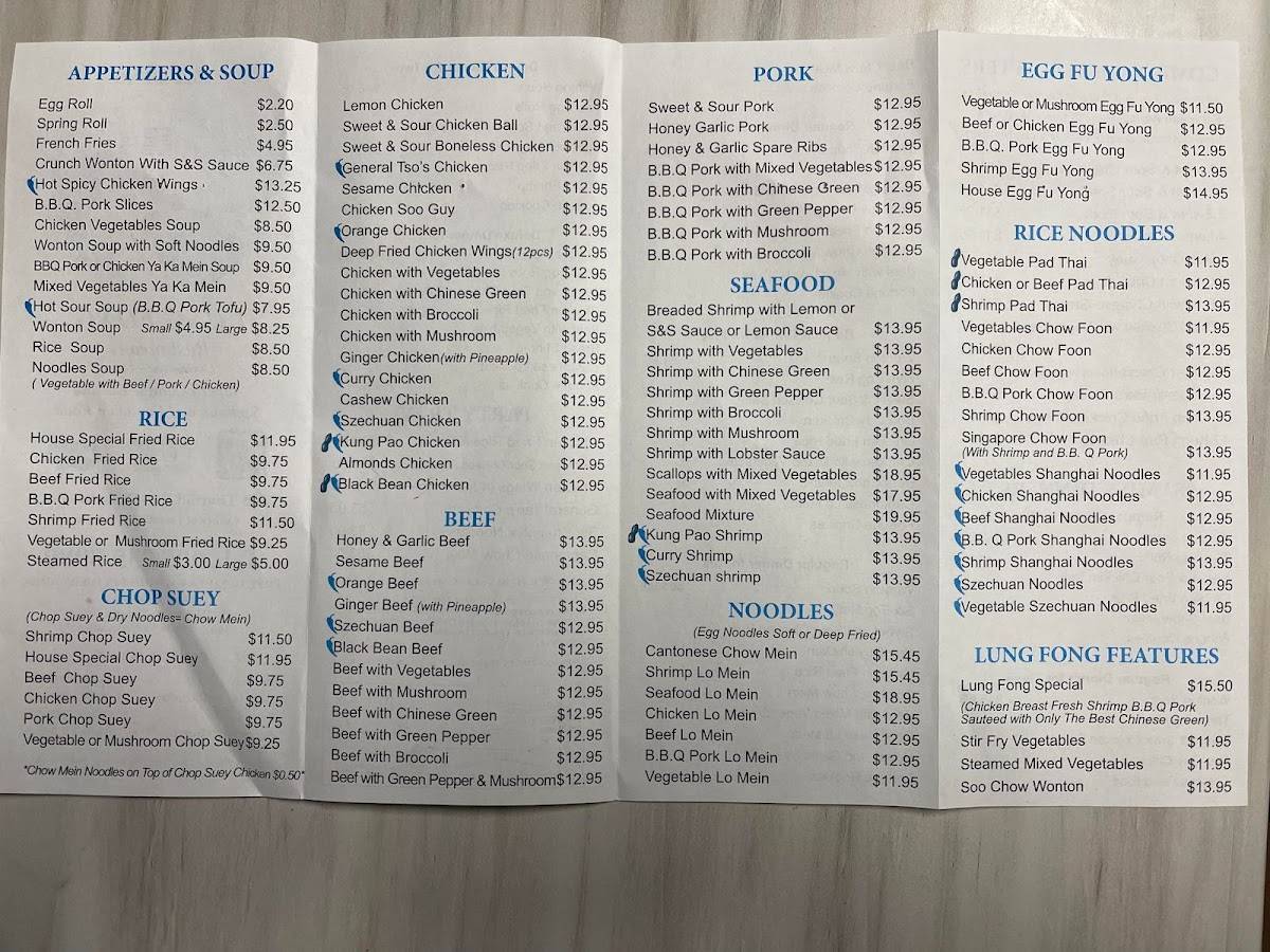 Menu at Lung Fong Restaurant, Welland