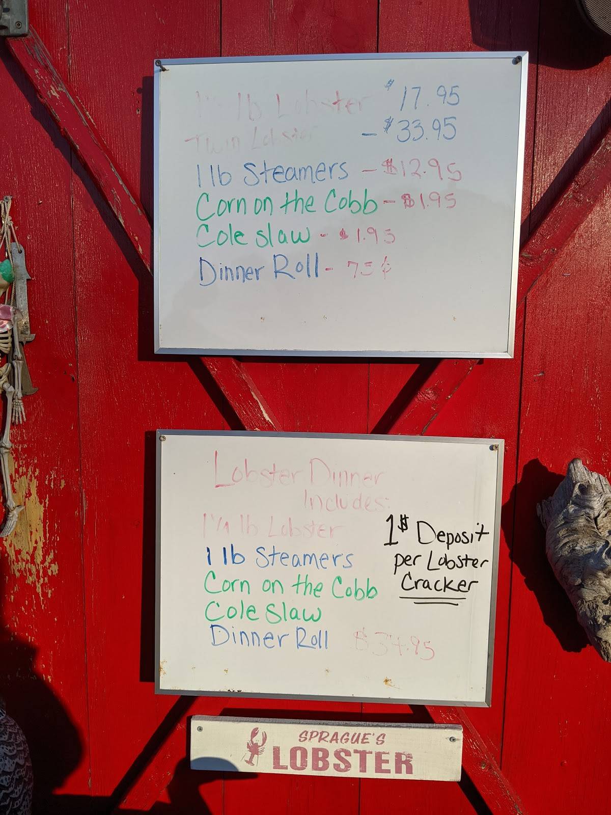 Menu at Sprague's Lobster restaurant, Wiscasset, 22 Main St