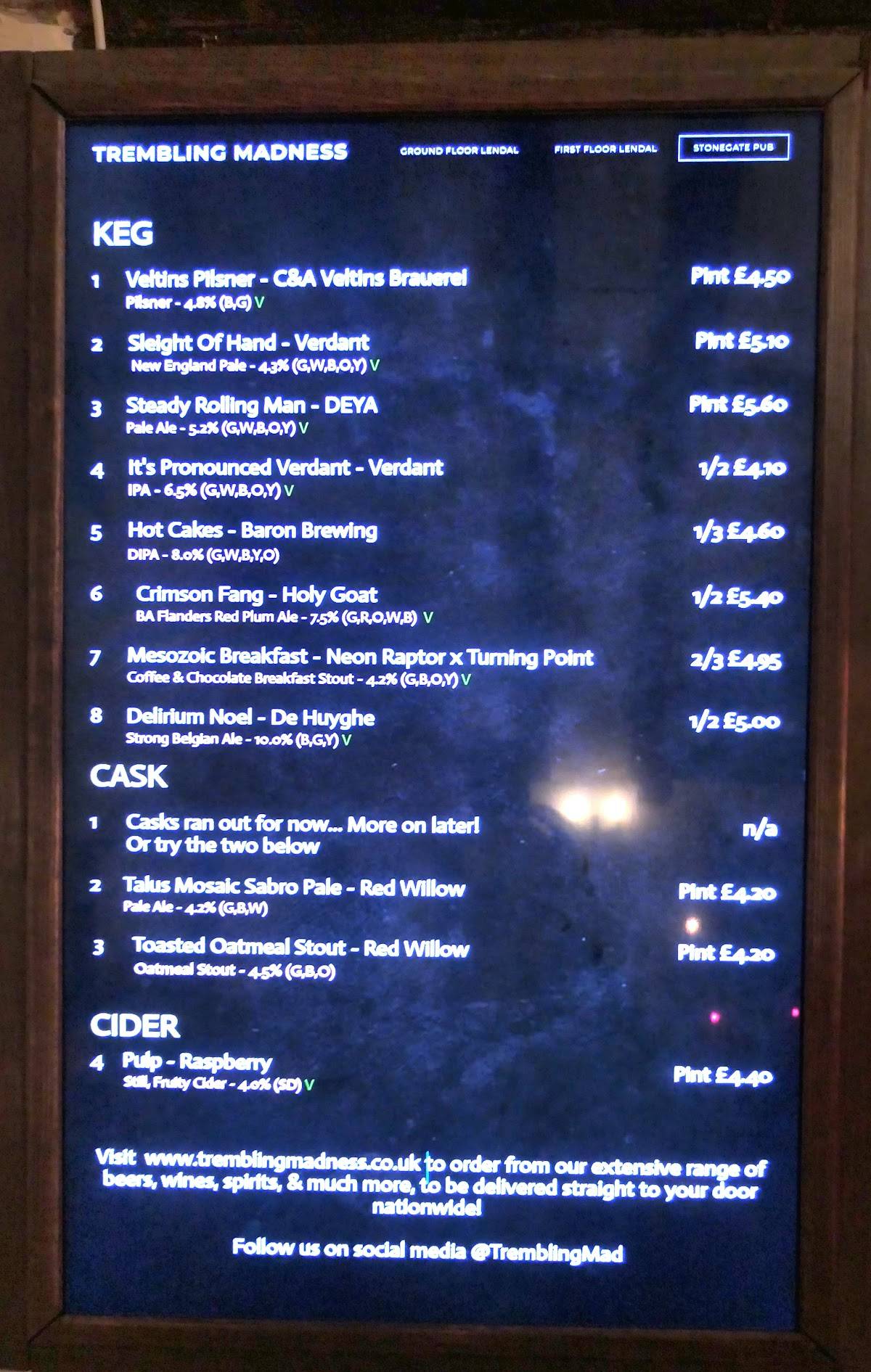 Menu at House Of The Trembling Madness // Stonegate (No table bookings ...