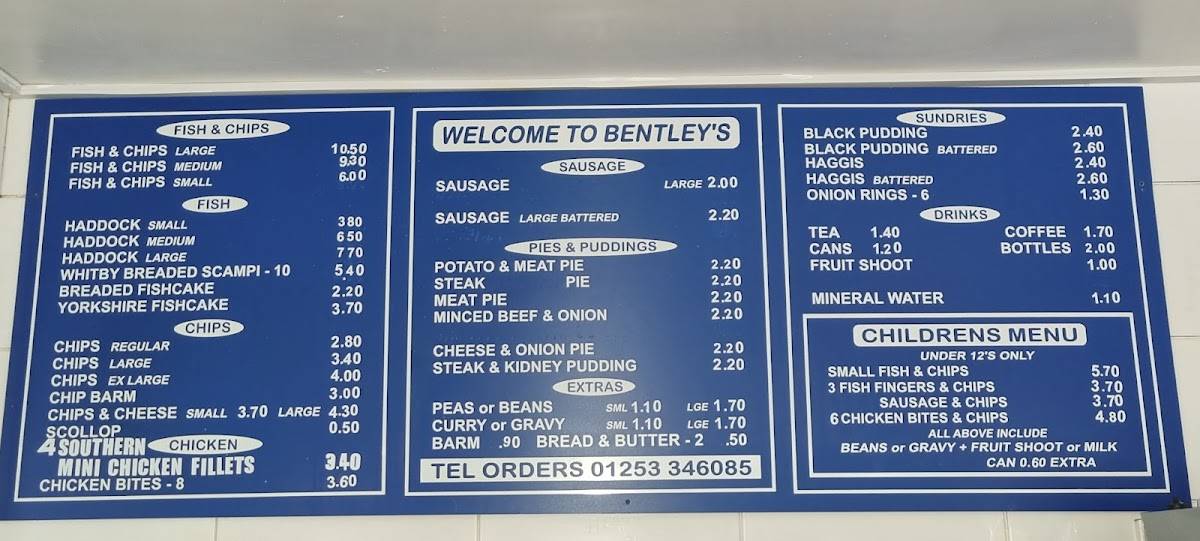Menu at Bentley's Fish & Chip Shop restaurant, Blackpool