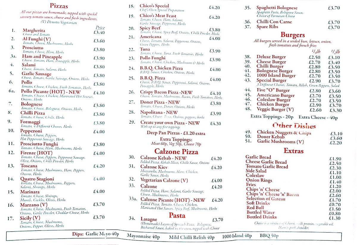 Menu at Chicos Takeaway pizzeria, Skipton