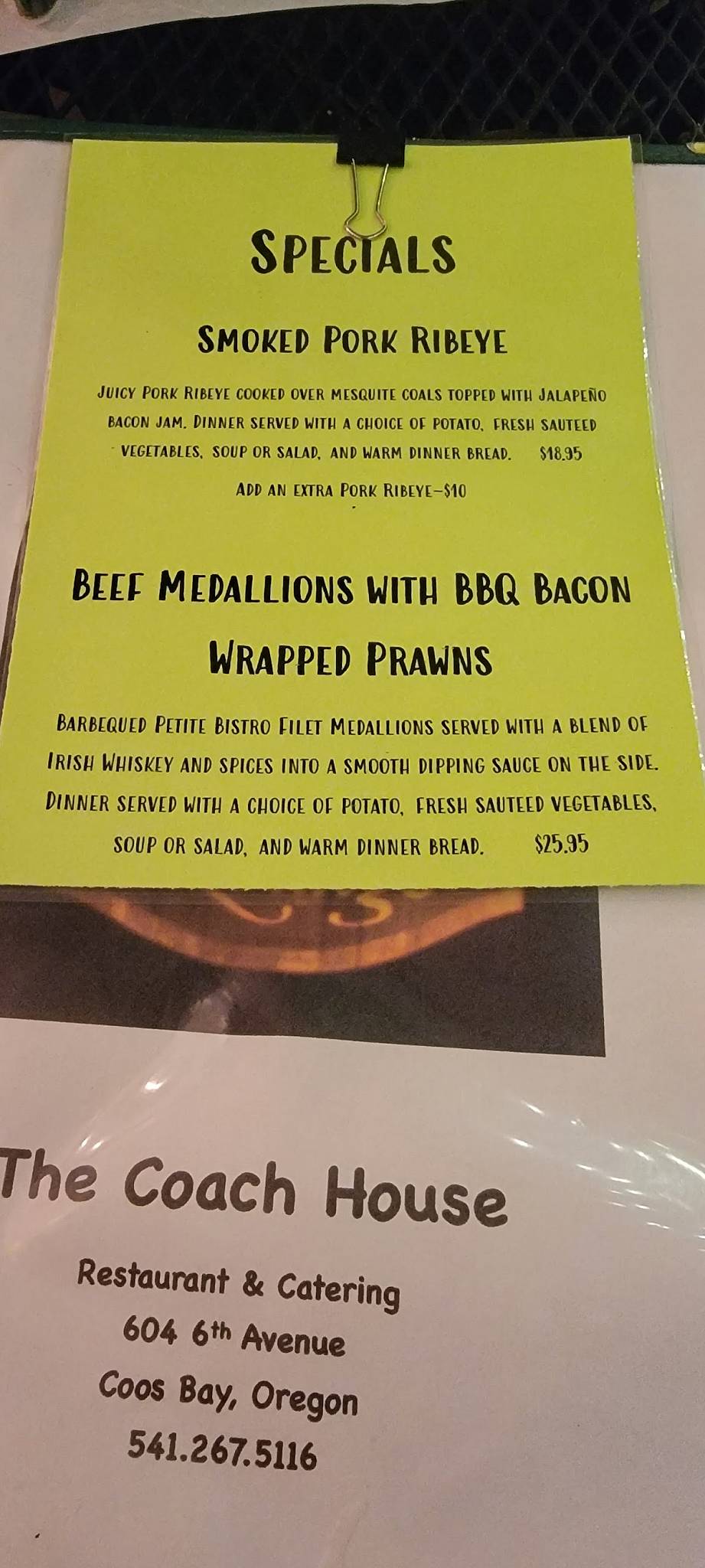 Menu at Coach House BBQ, Coos Bay