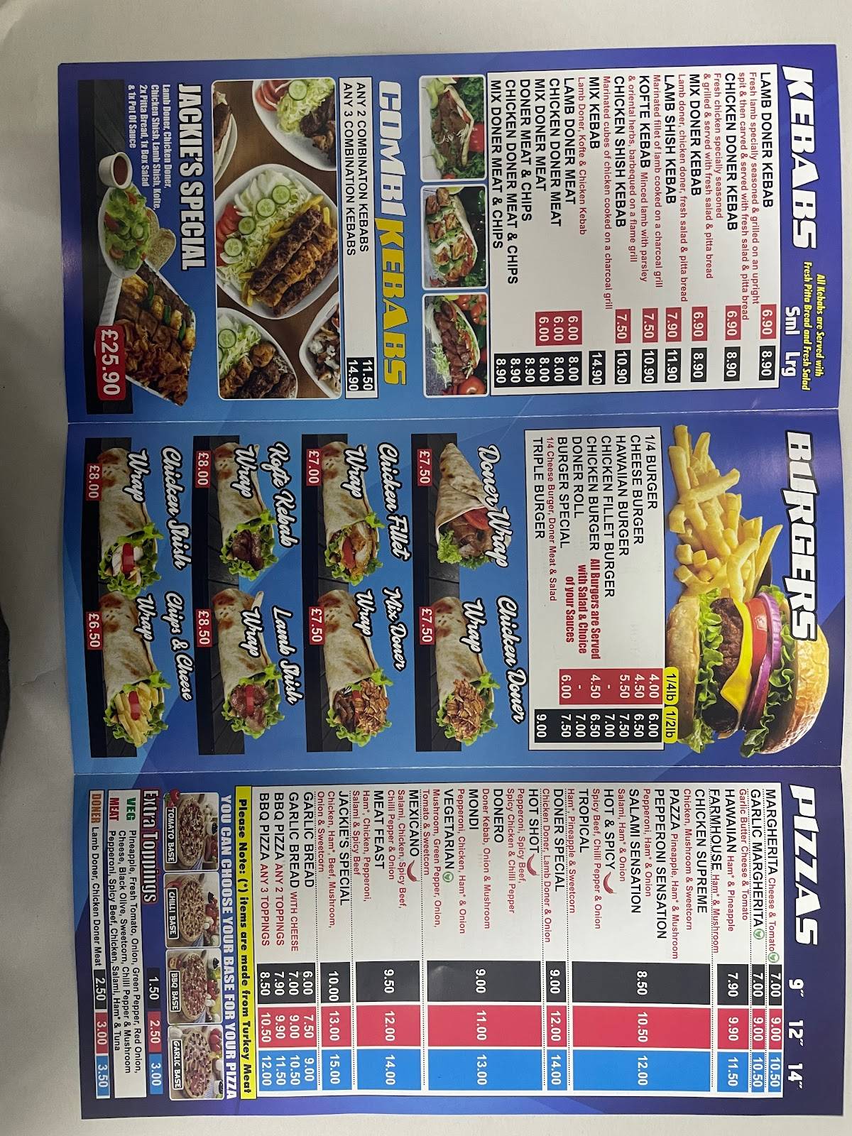 Menu at Jackie's Kebab House fast food, Old Colwyn