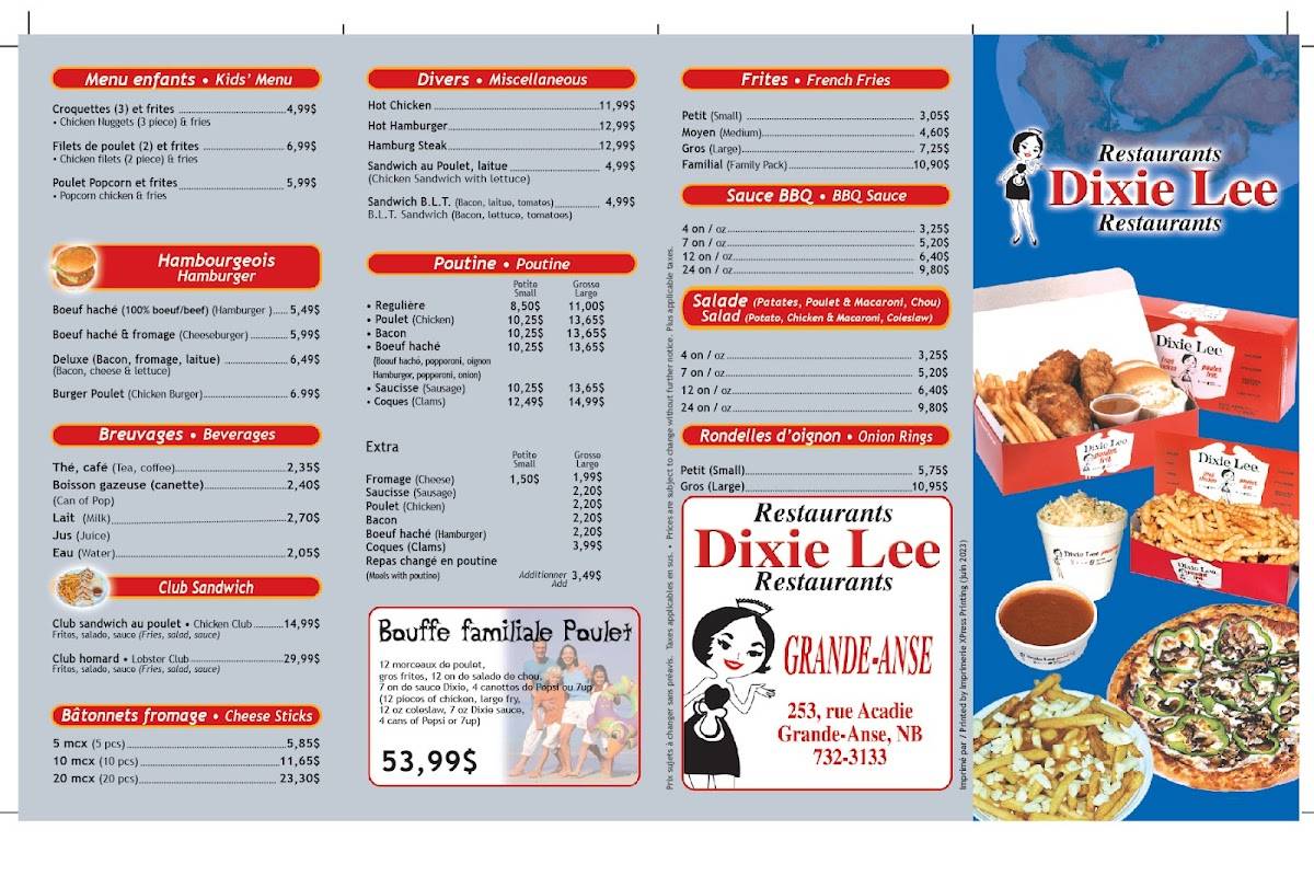 Menu au Dixie Lee fast food, Grande-Anse