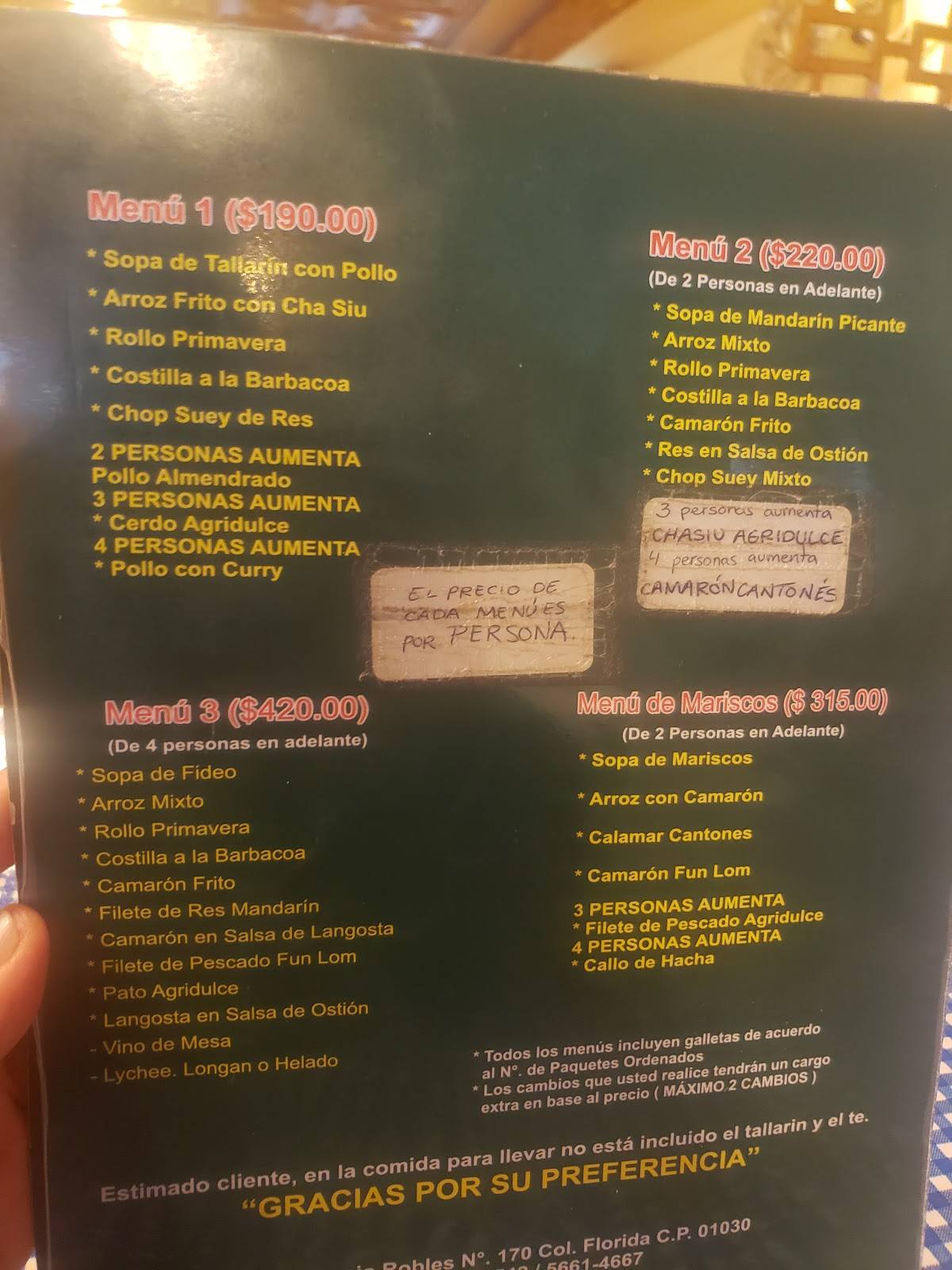 Carta del restaurante Fun Lom, Ciudad del México