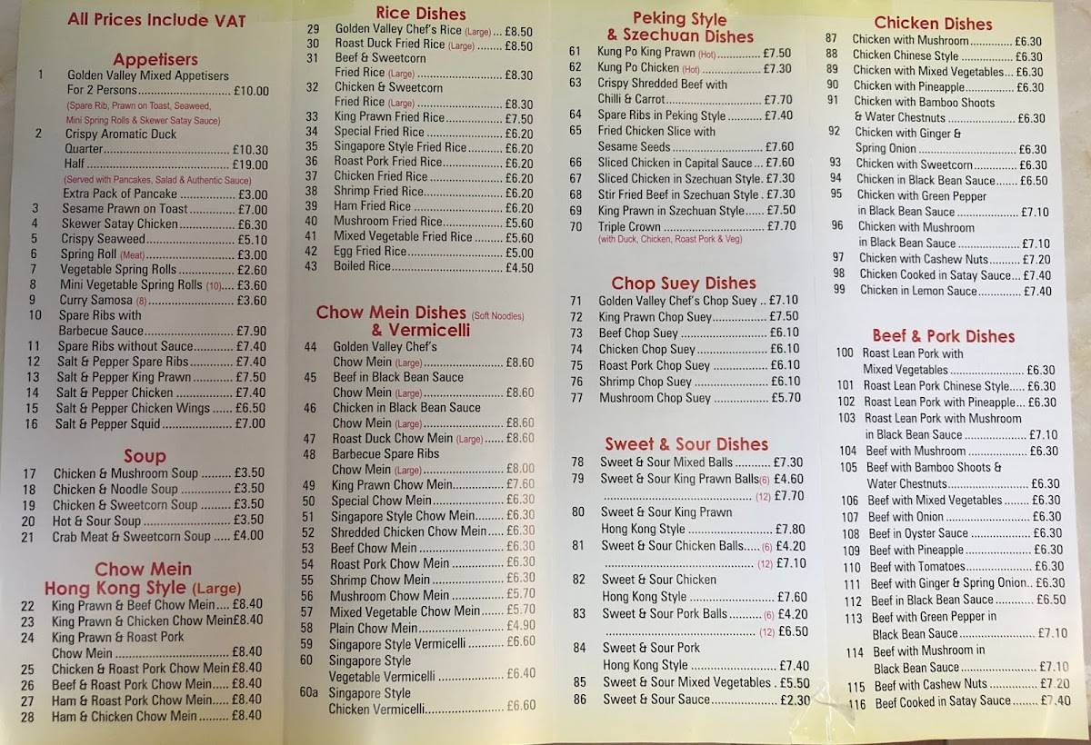 Menu at Golden Valley fast food, Welwyn Garden City, 100 Peartree Ln