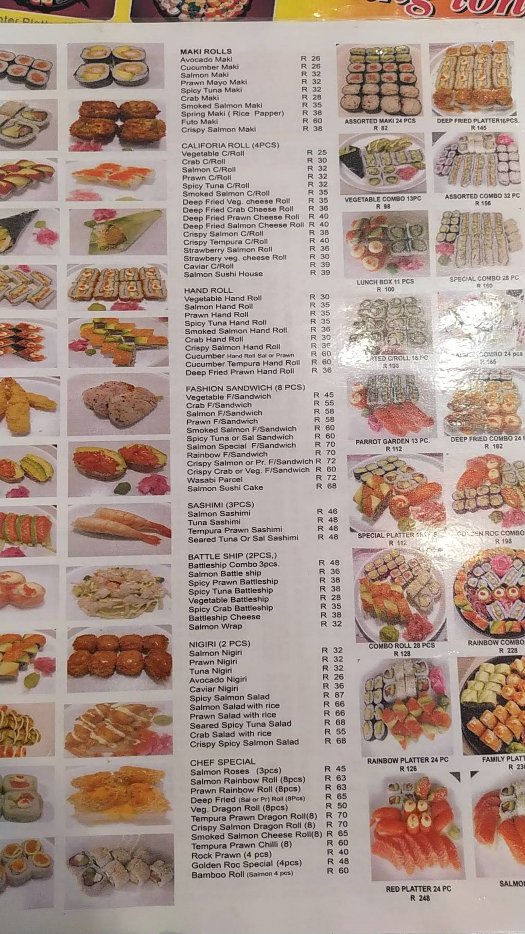 Menu at AA Sushi restaurant, Centurion