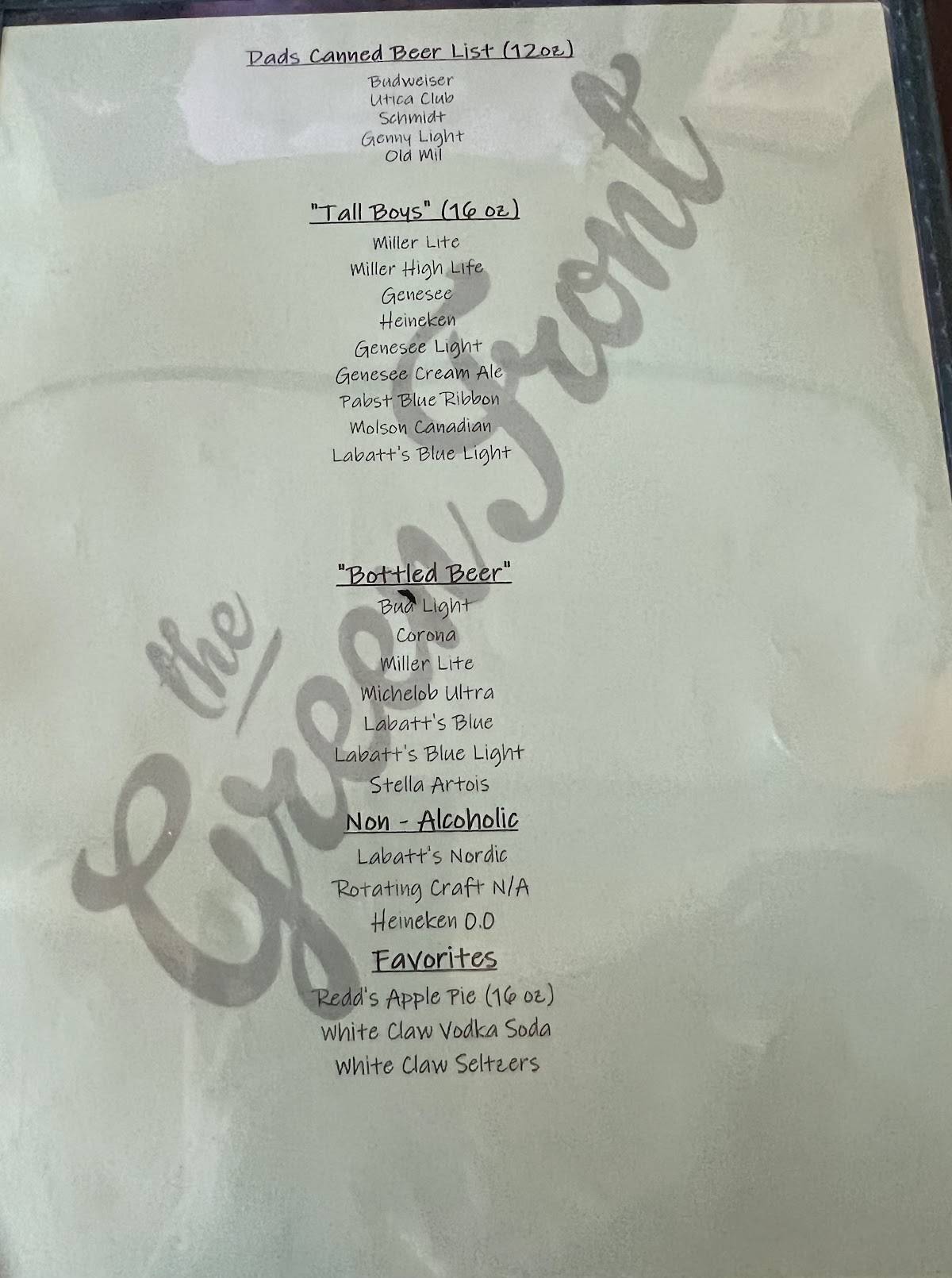 Menu at Green Front restaurant, Canandaigua