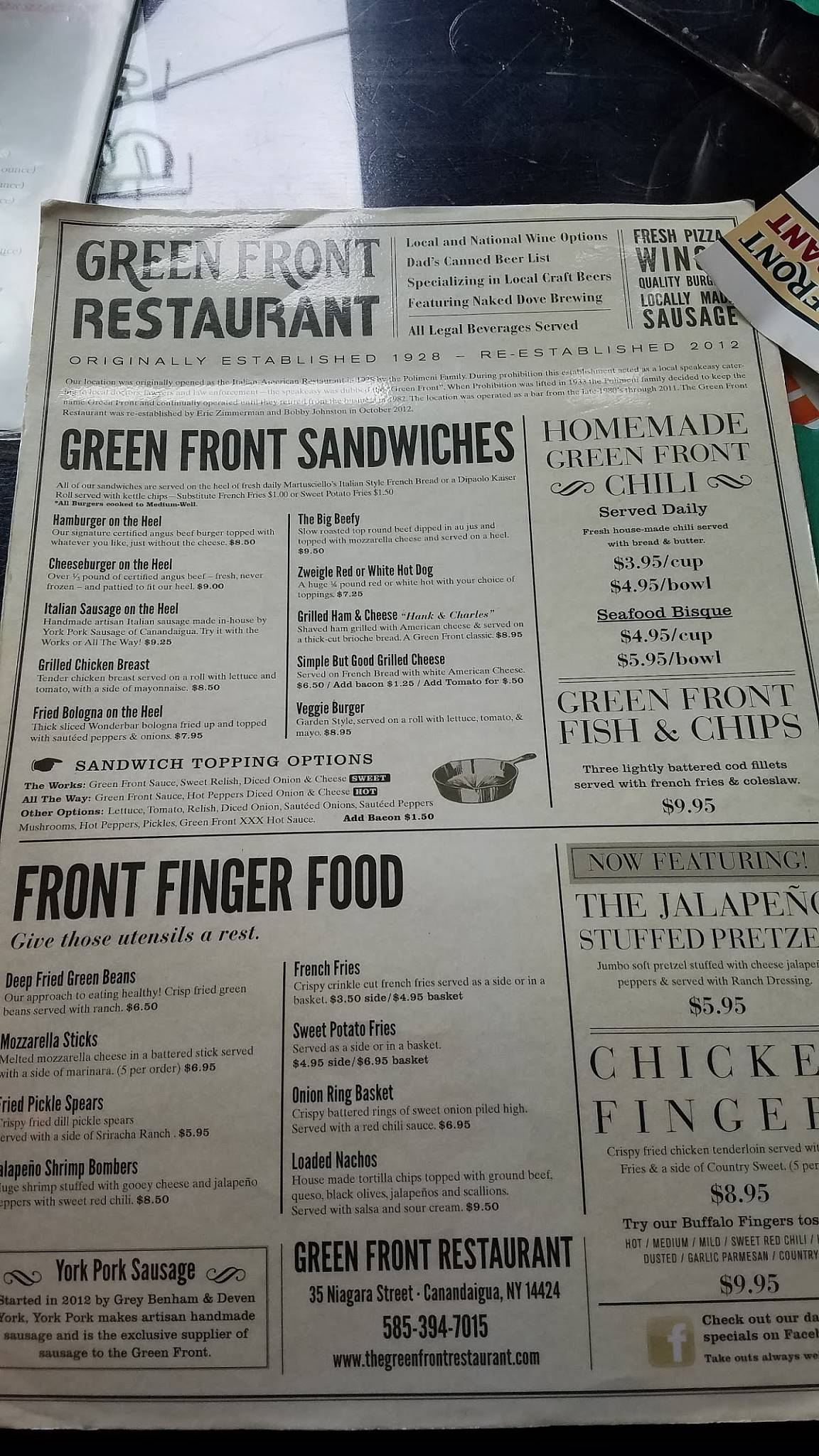 Menu at Green Front restaurant, Canandaigua