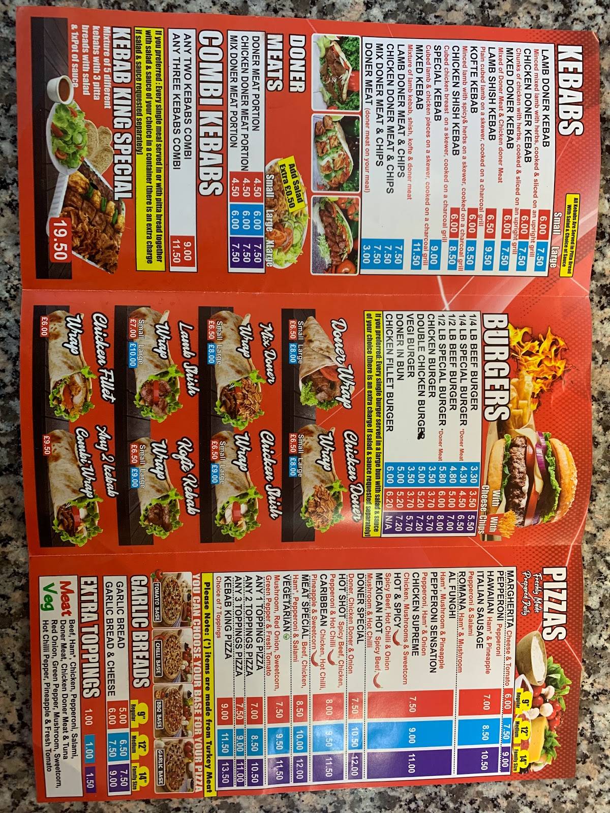 Menu at Harun's Kebab King fast food, Rhyl