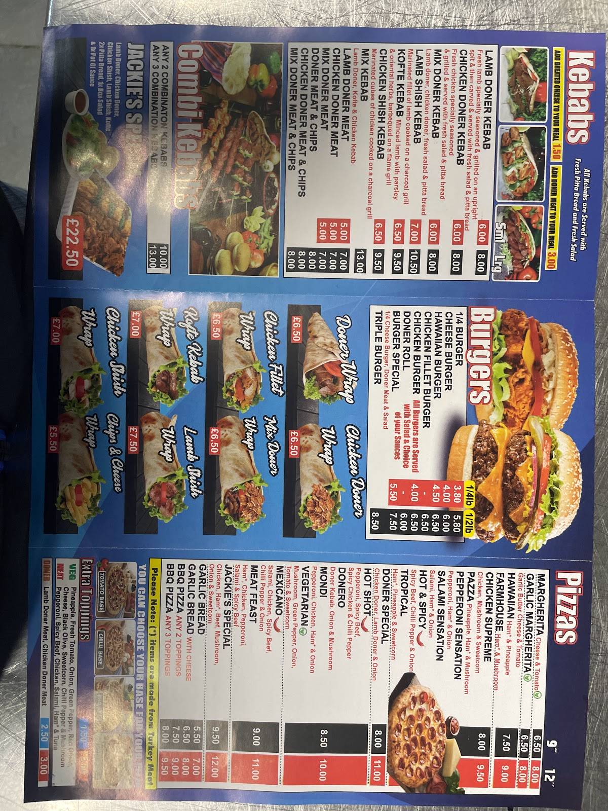 Menu at Jackie's Kebab House fast food, Old Colwyn