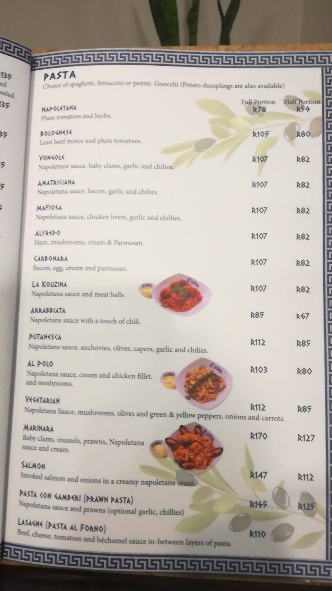 Menu at LA KOUZINA restaurant, Port Elizabeth