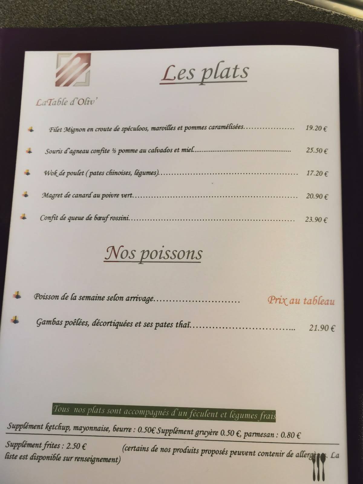 Menu au LA TABLE D'OLIV restaurant, Le Quesnoy